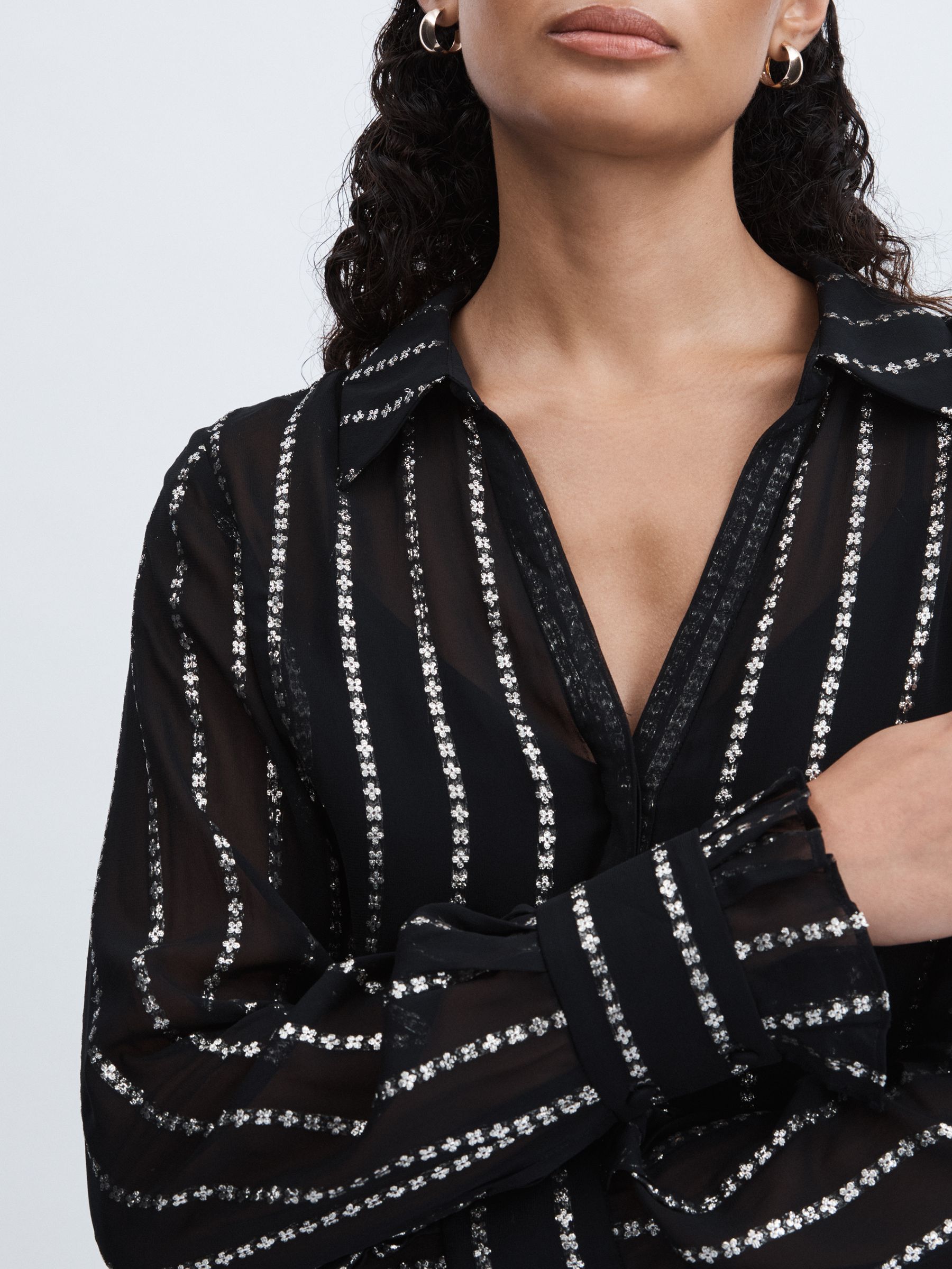 Reiss Paige Sheer Floral-Stripe Blouse in Black - REISS