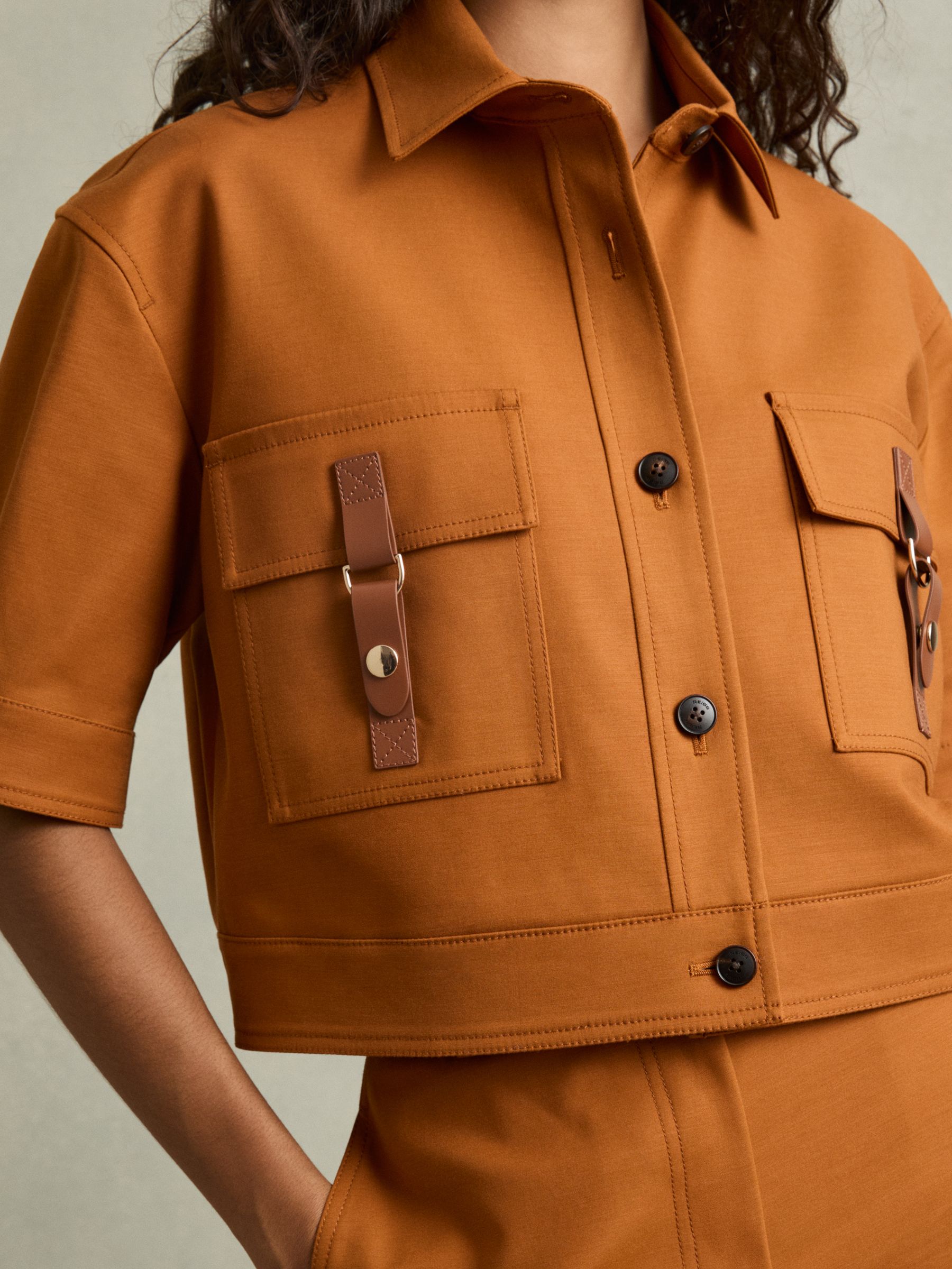 Reiss Button-Through Cropped Cargo Top in Rust - REISS