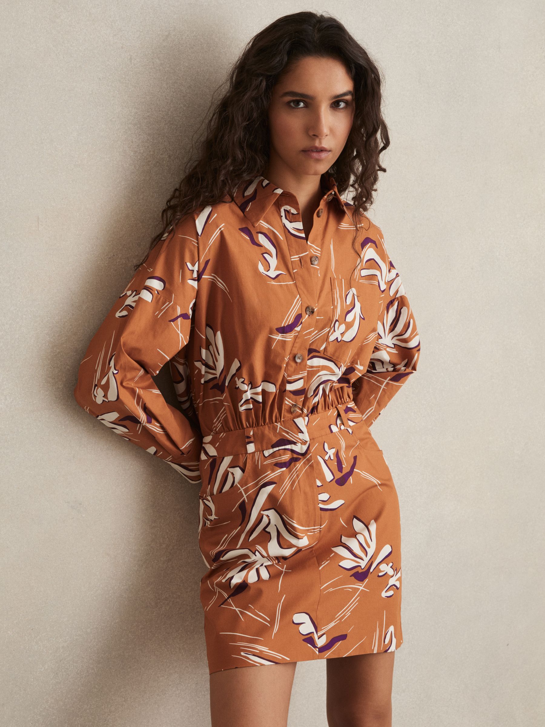 Reiss Cotton Printed Shirt Dress in Rust | REISS