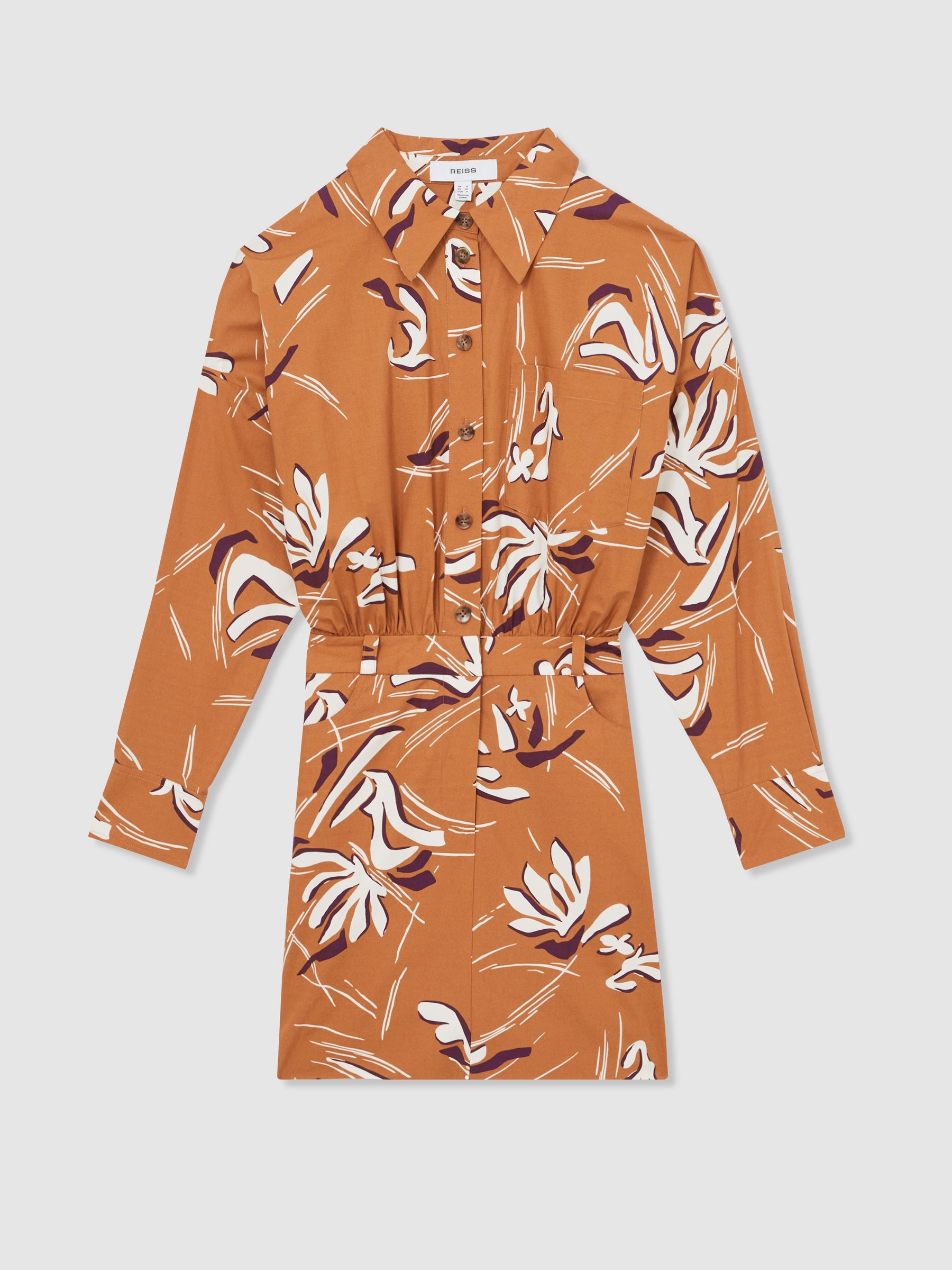Reiss Cotton Printed Shirt Dress in Rust | REISS