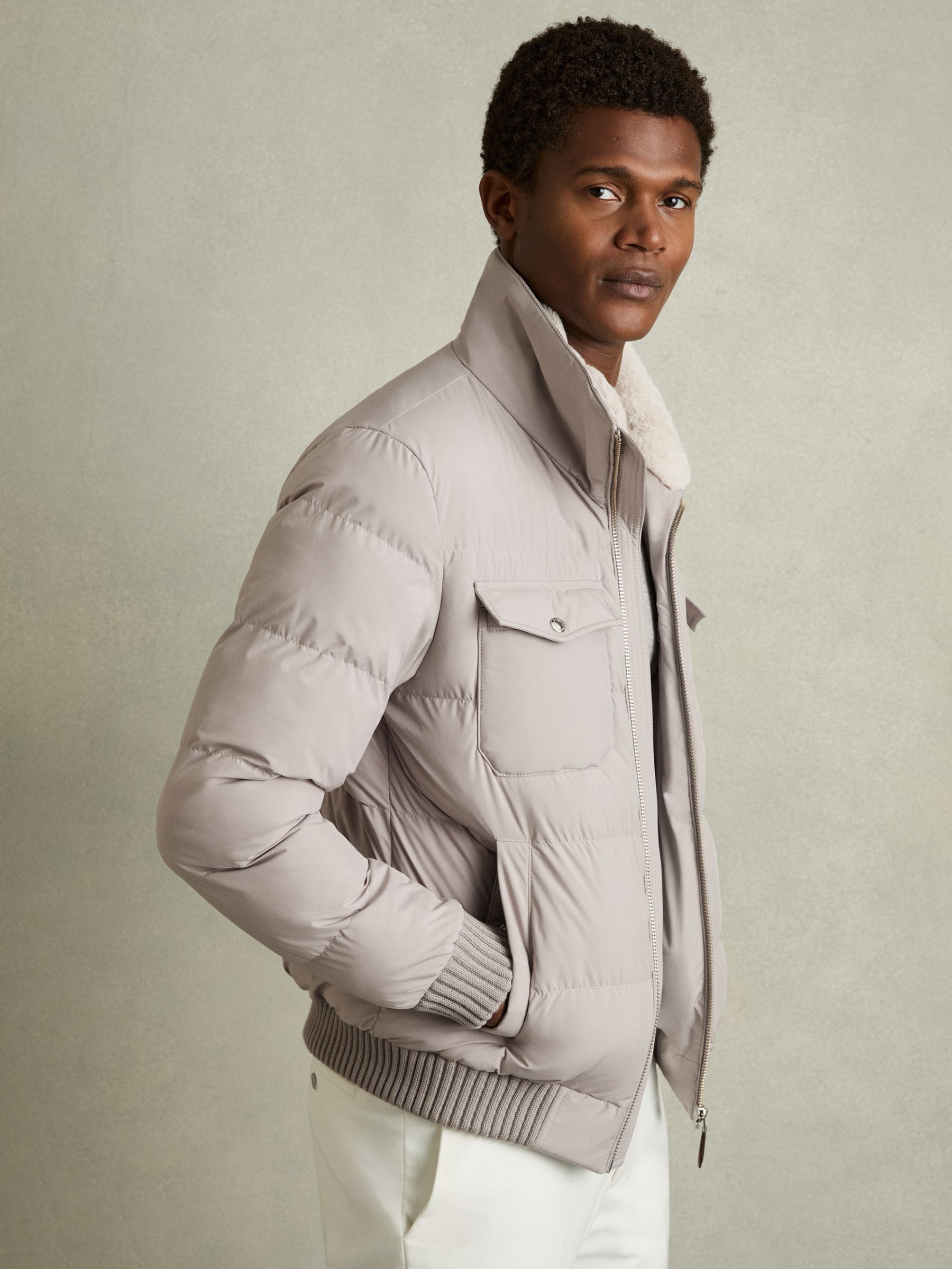 Reiss Faux-Fur Collar Puffer Jacket in Grey - REISS