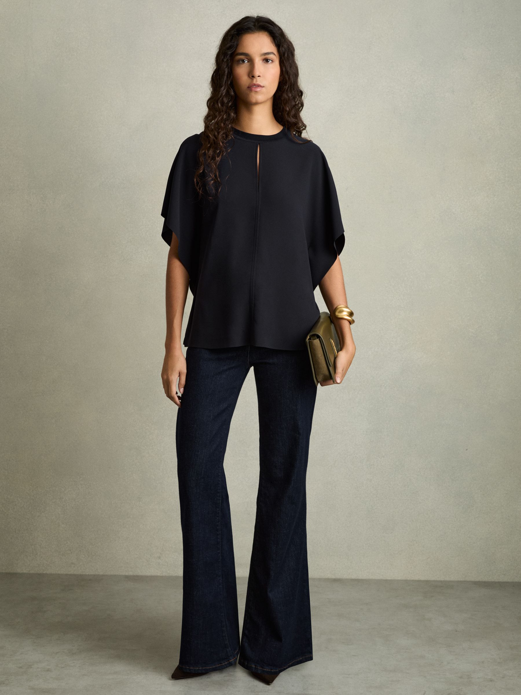 Reiss Draped Sleeve Top in Navy | REISS