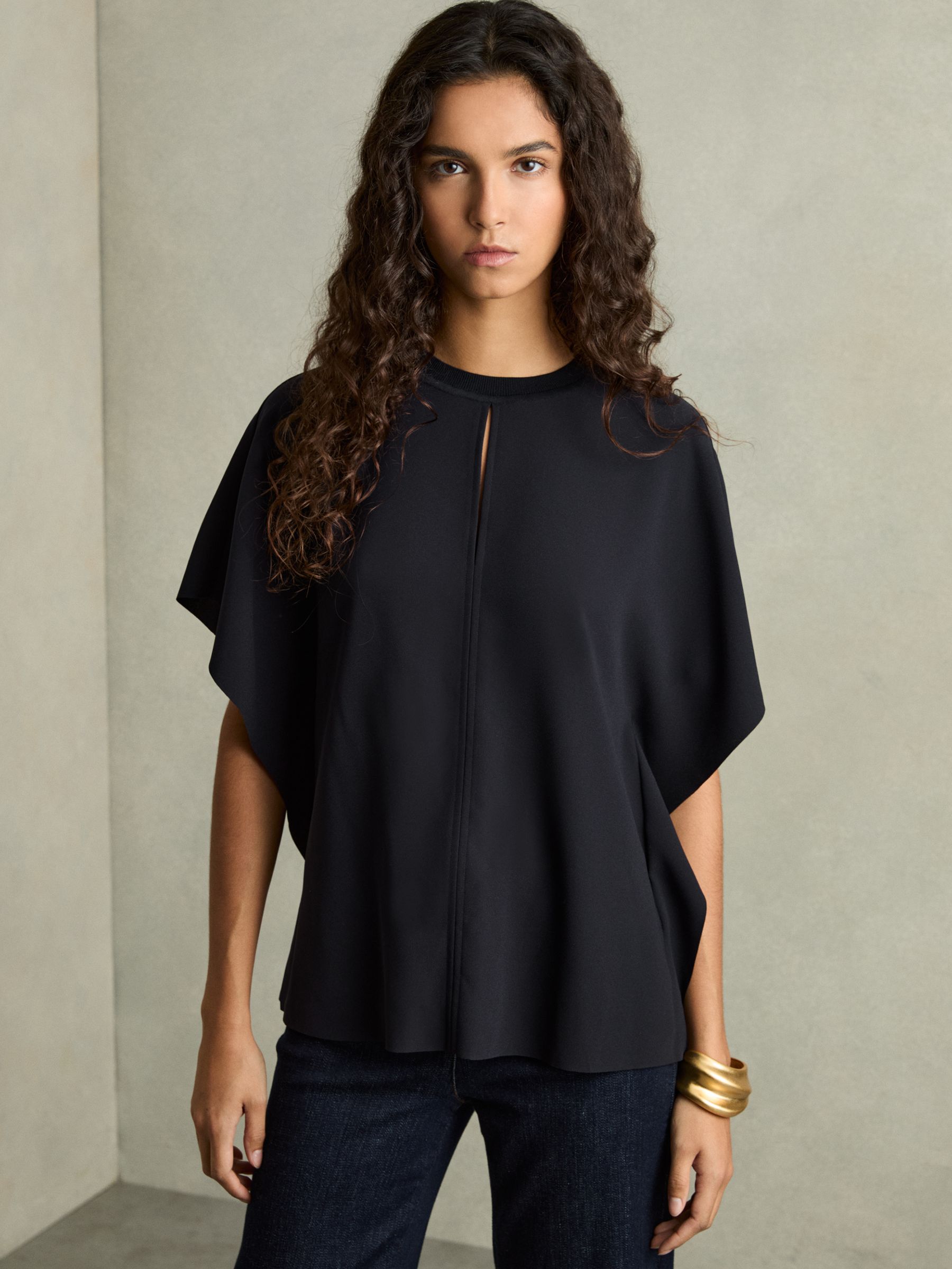 Reiss Draped Sleeve Top in Navy | REISS