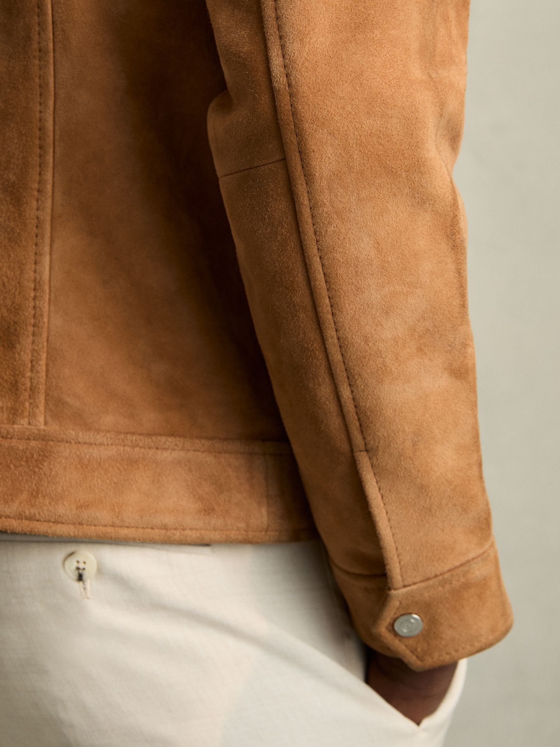 Reiss Suede Press-Stud Jacket in Tobacco Brown | REISS