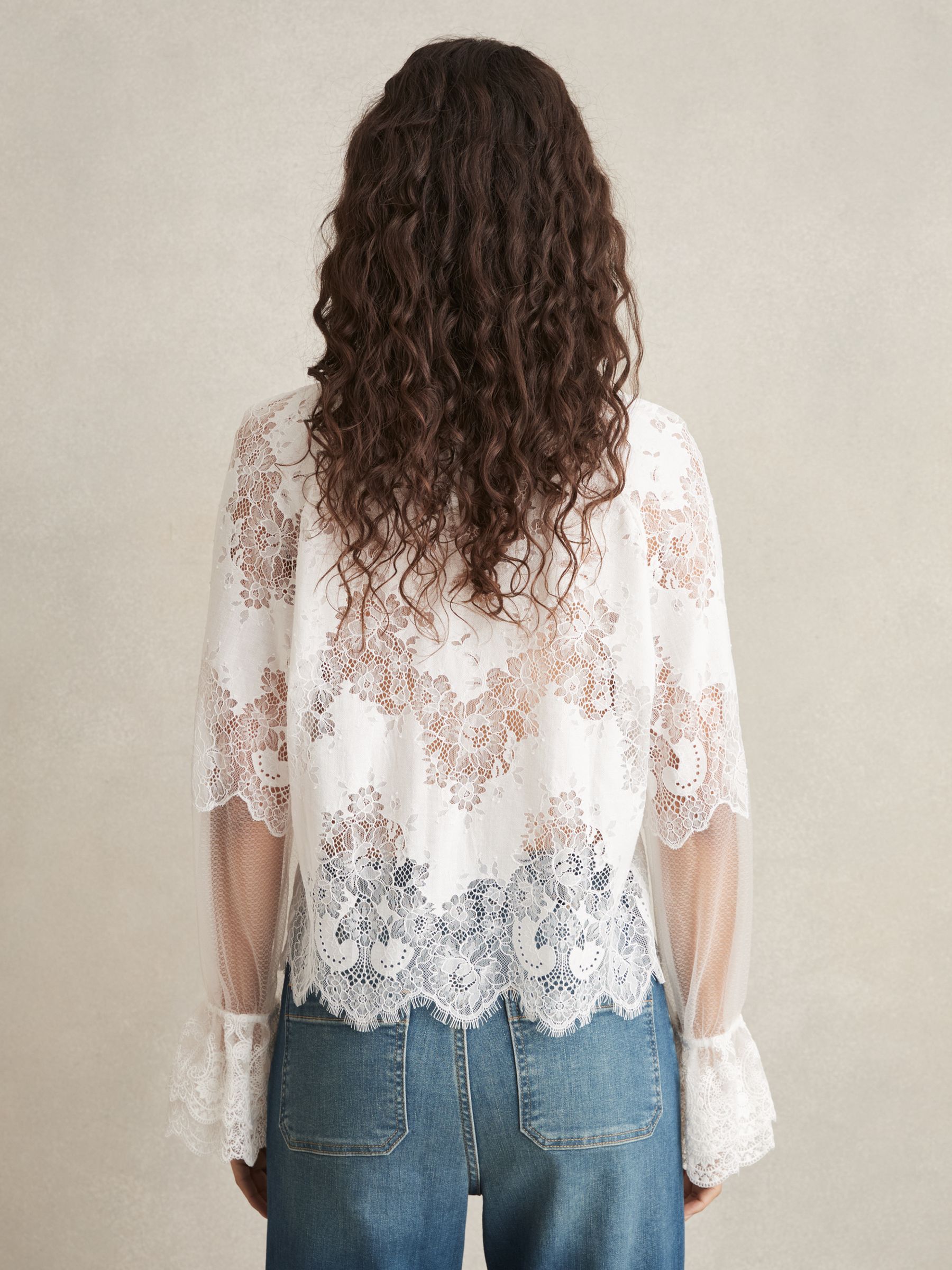 Reiss Lace Flared-Cuff Blouse in Ivory - REISS