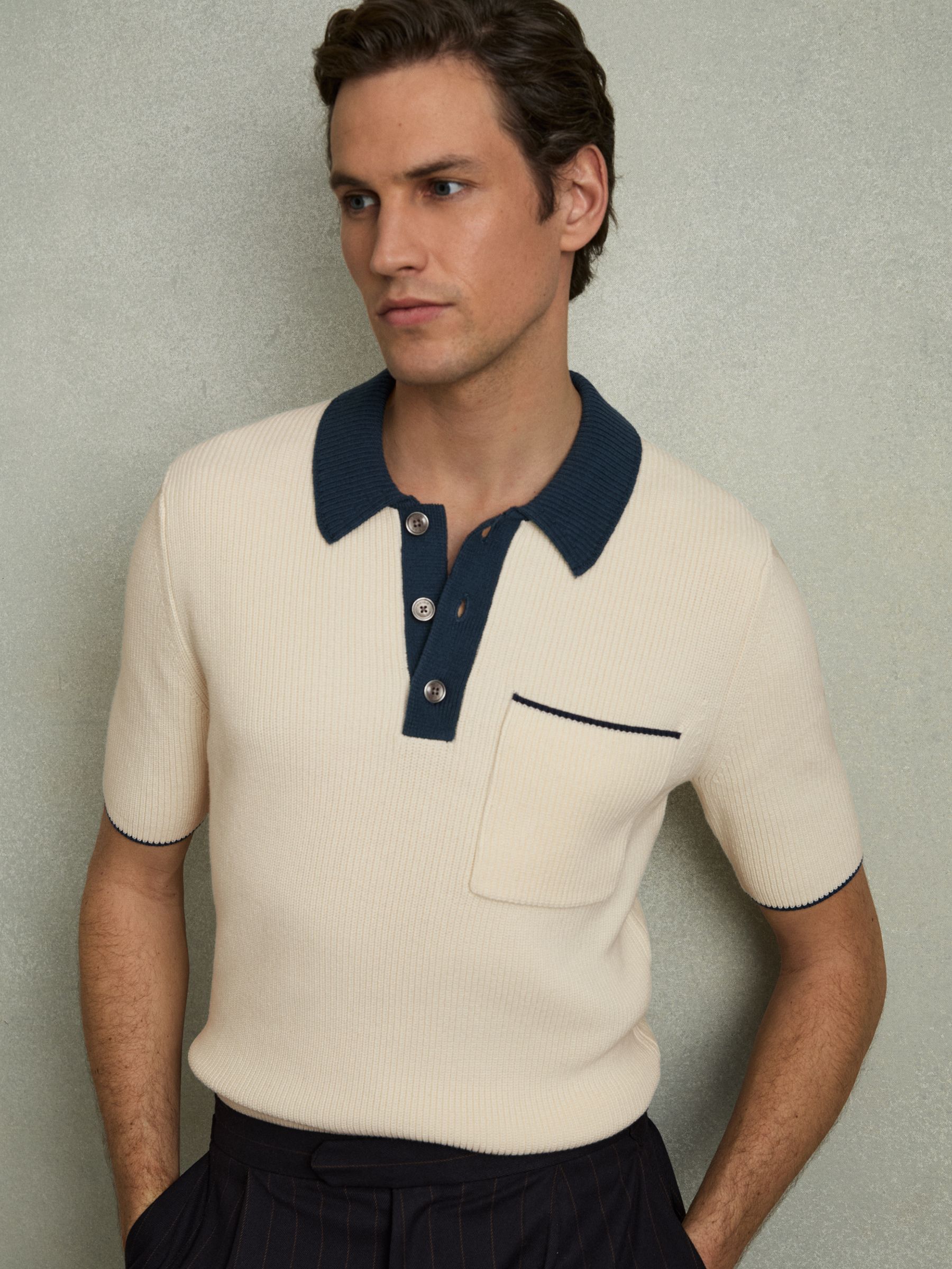 Reiss Cotton Polo Shirt with Buttons in Off White/Navy - REISS