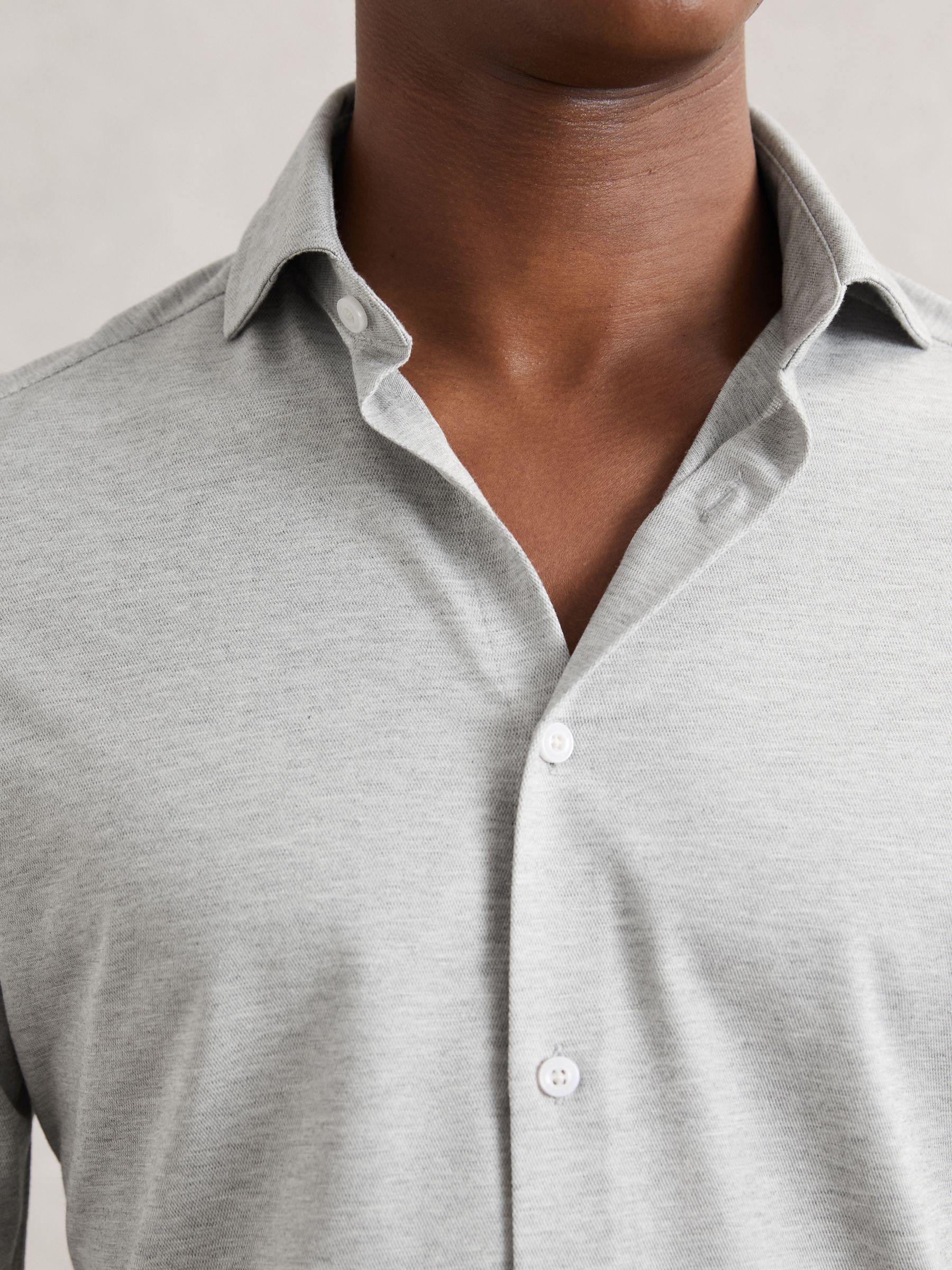 Reiss Cotton-Blend Jersey Cutaway-Collar Shirt in Grey Melange - REISS