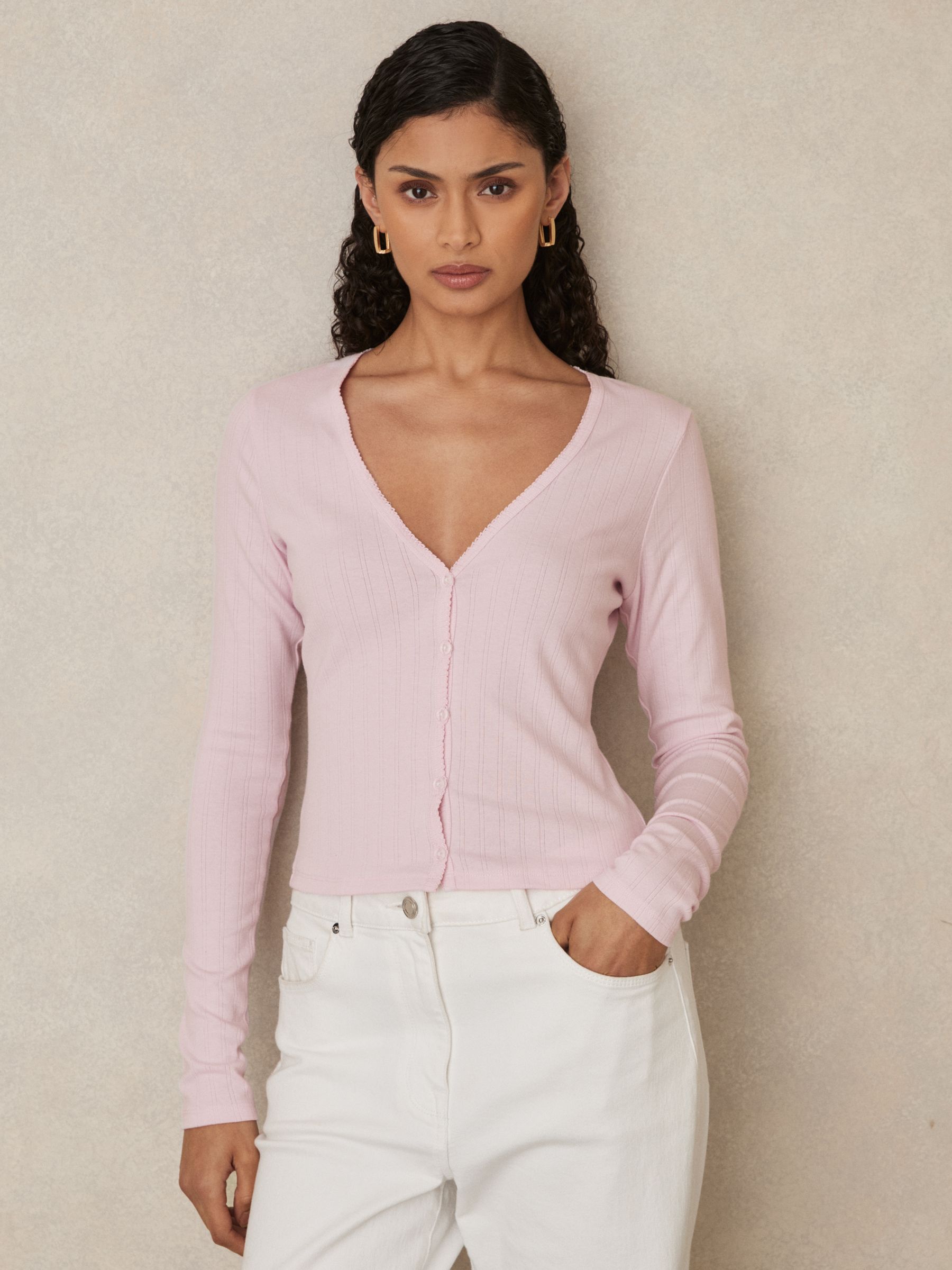 Reiss Good American Pointelle Cardigan in Pink - REISS