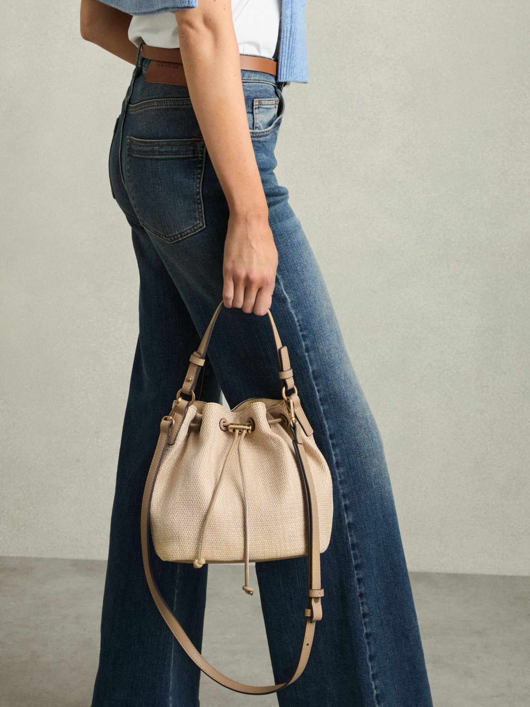 Reiss Raffia Drawcord Bucket Bag in Natural - REISS