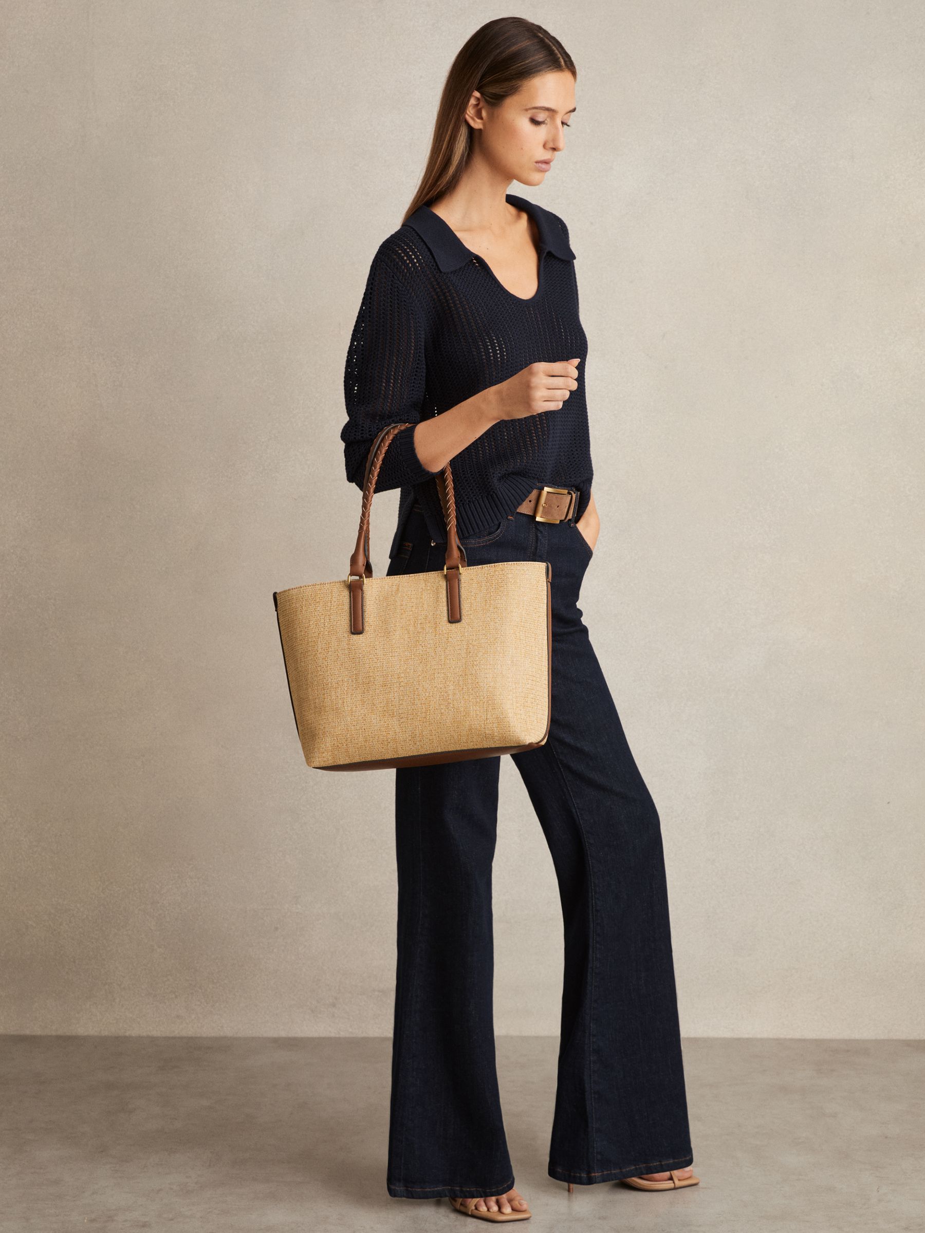 Reiss Raffia Braided Strap Tote Bag in Tan - REISS