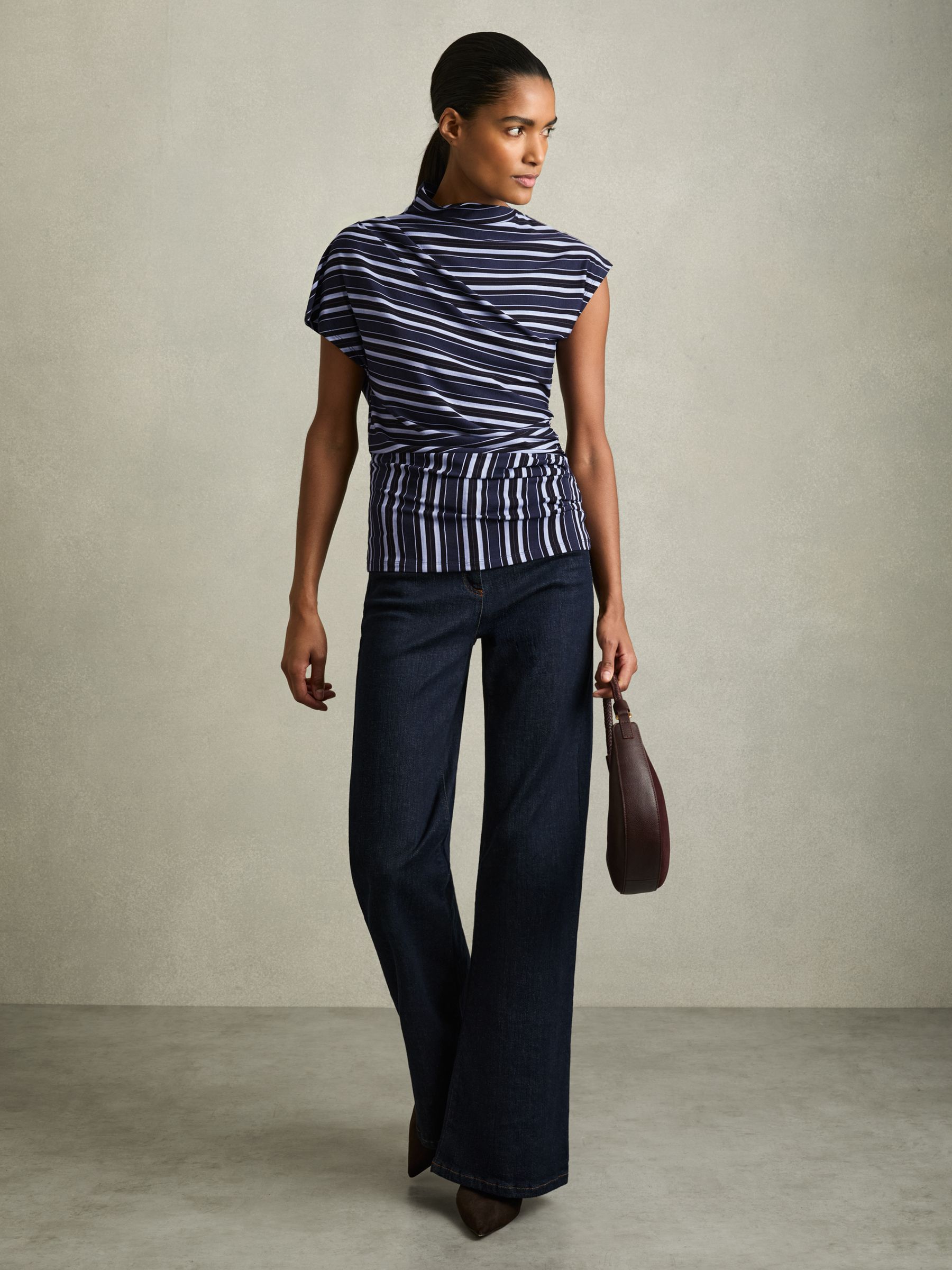 Reiss Stripe-Print Draped Top in Blue - REISS