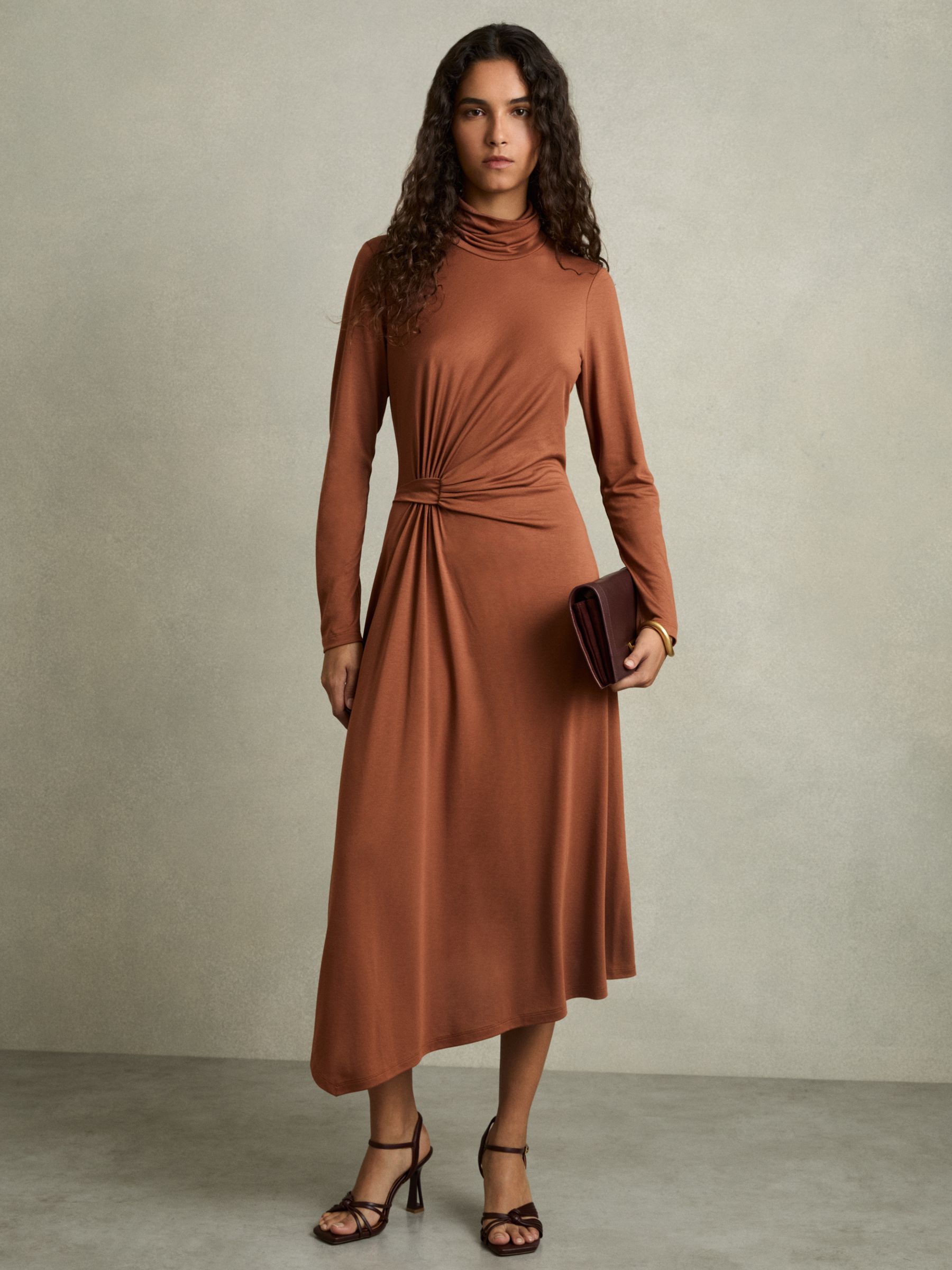 Reiss Petite Draped Jersey Midi Dress in Camel | REISS