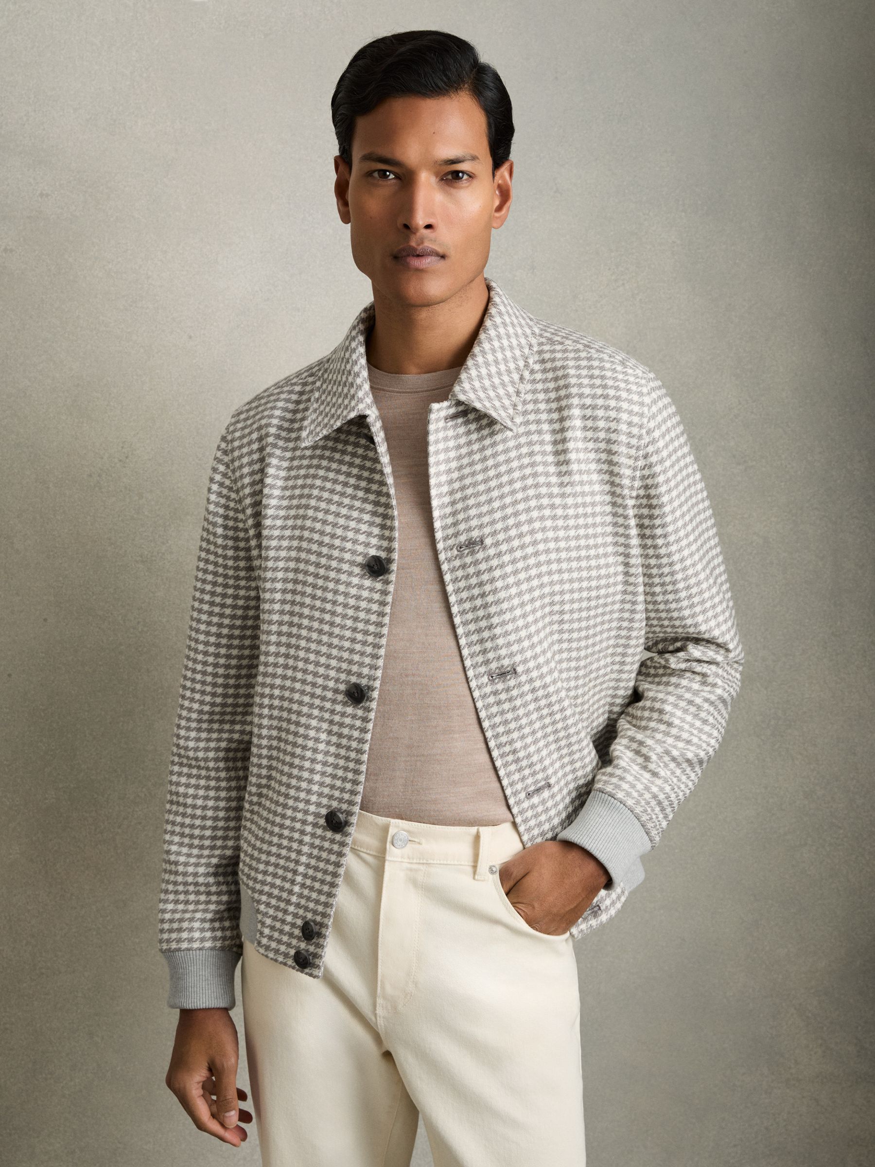 Reiss Dogtooth-Check Blouson Jacket in Soft Grey/White | REISS