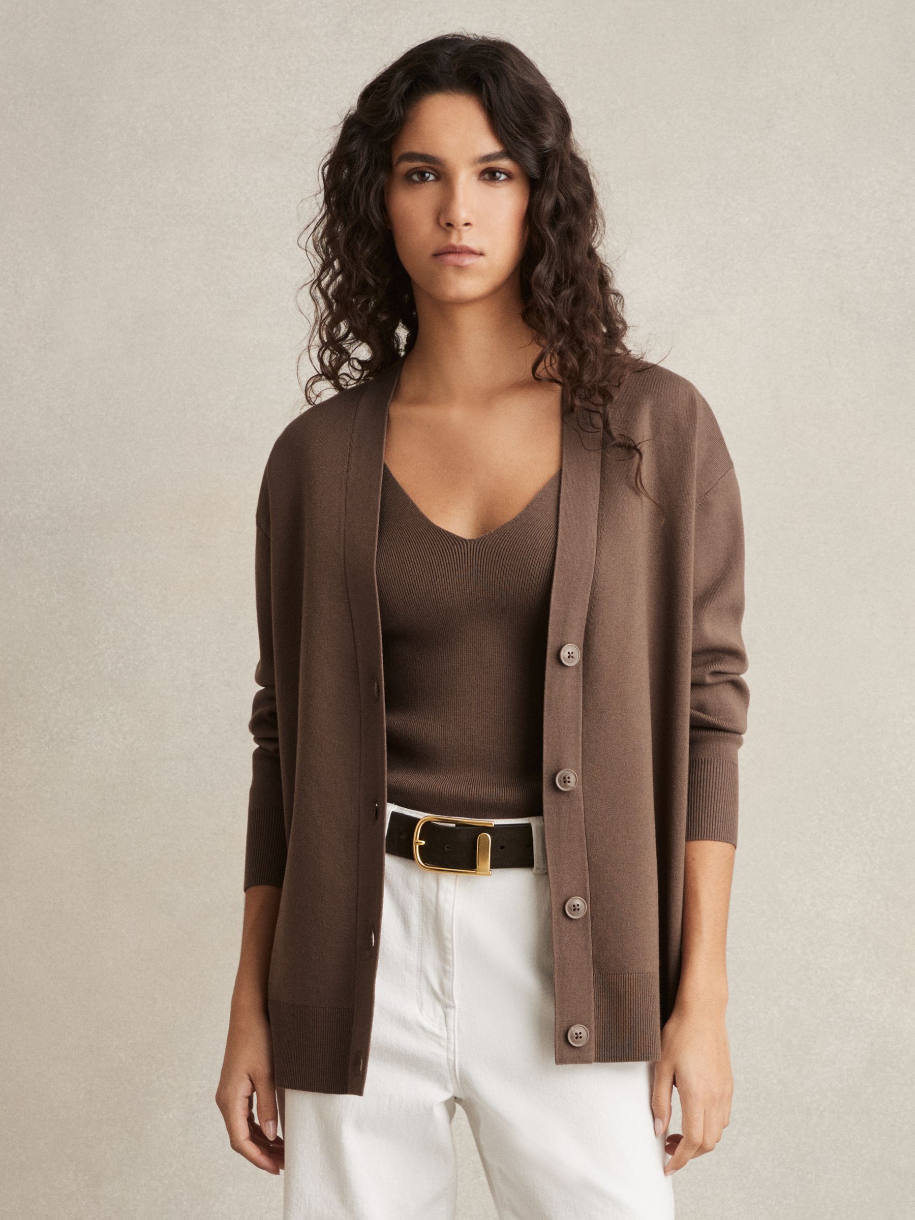 Reiss Lyocell Blend V-Neck Cardigan in Mink | REISS