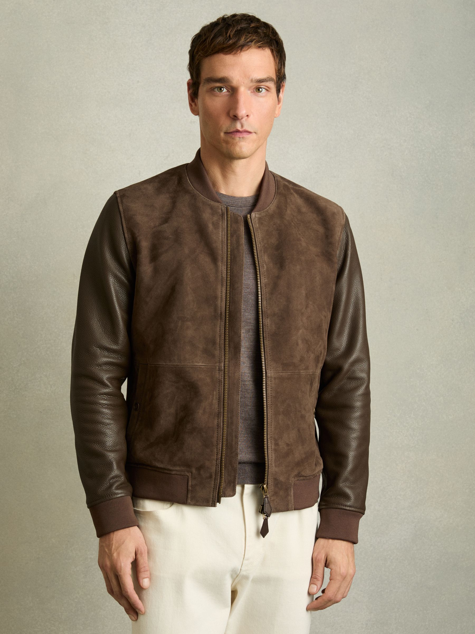 Reiss Leather-Sleeve Suede Bomber Jacket in Chocolate Brown | REISS