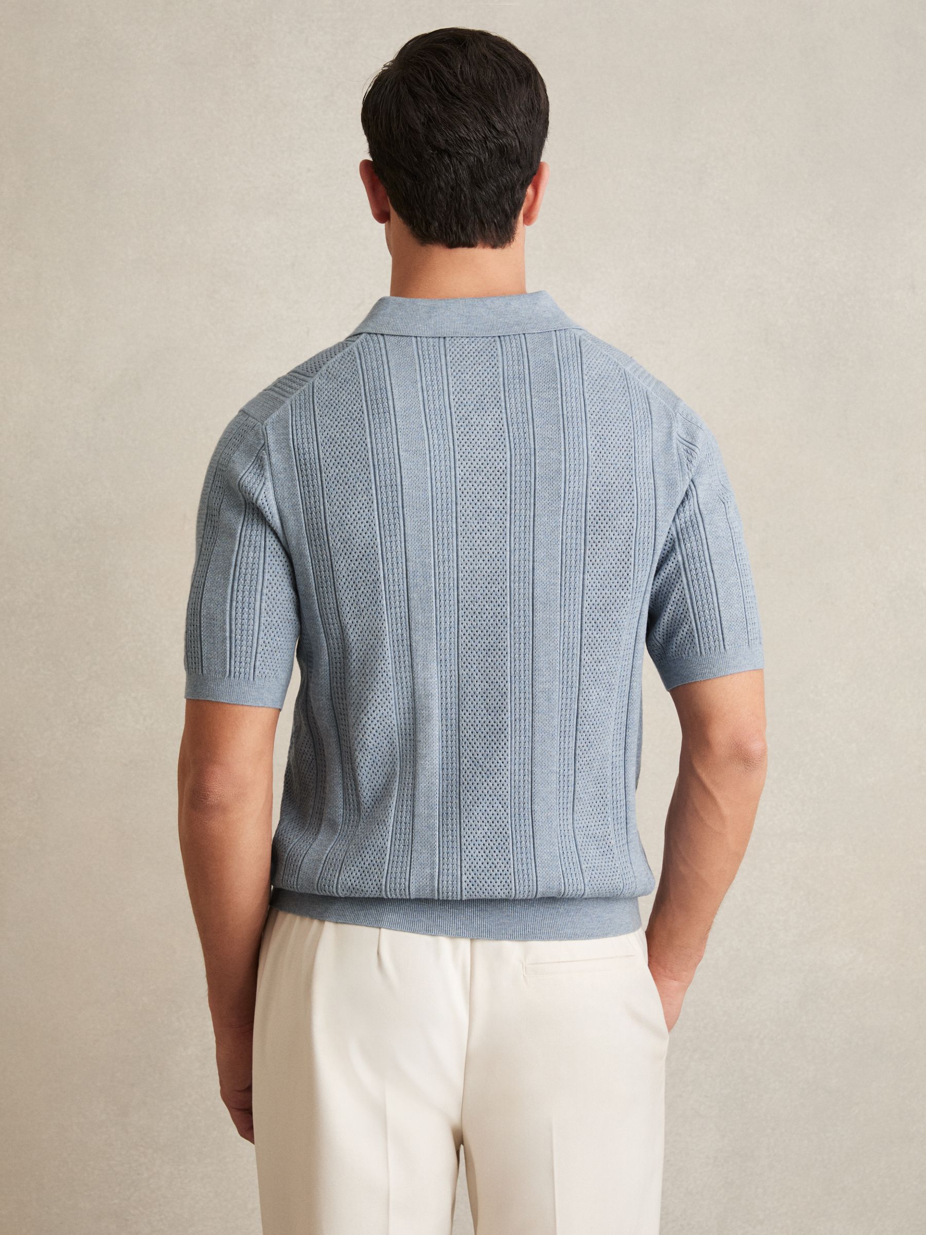 Reiss Textured-Stripe Knitted Polo Shirt in Airforce Blue - REISS