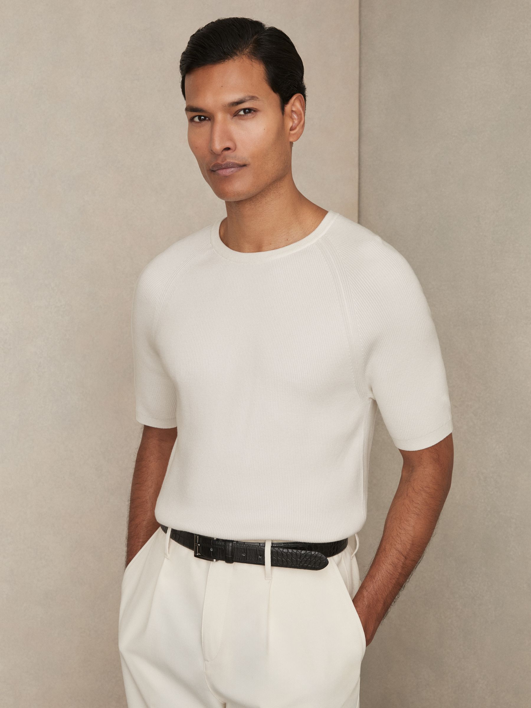 Reiss Ribbed Knit Crew T-Shirt in White - REISS
