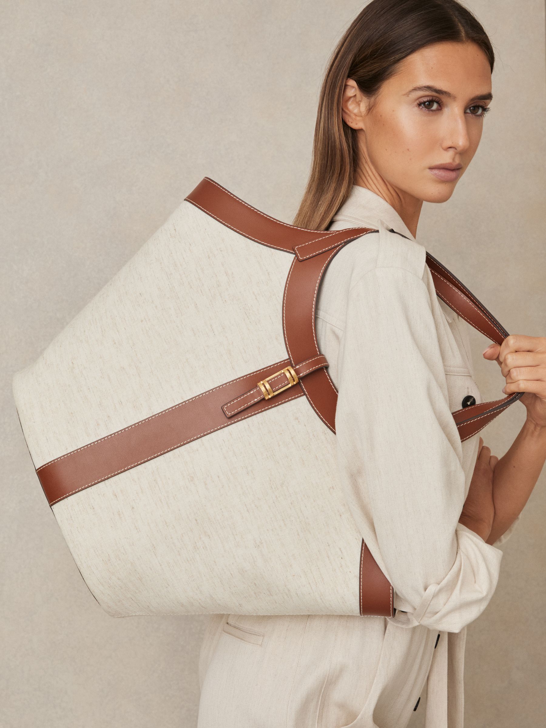 Reiss Canvas And Leather Tote Bag in Natural - REISS