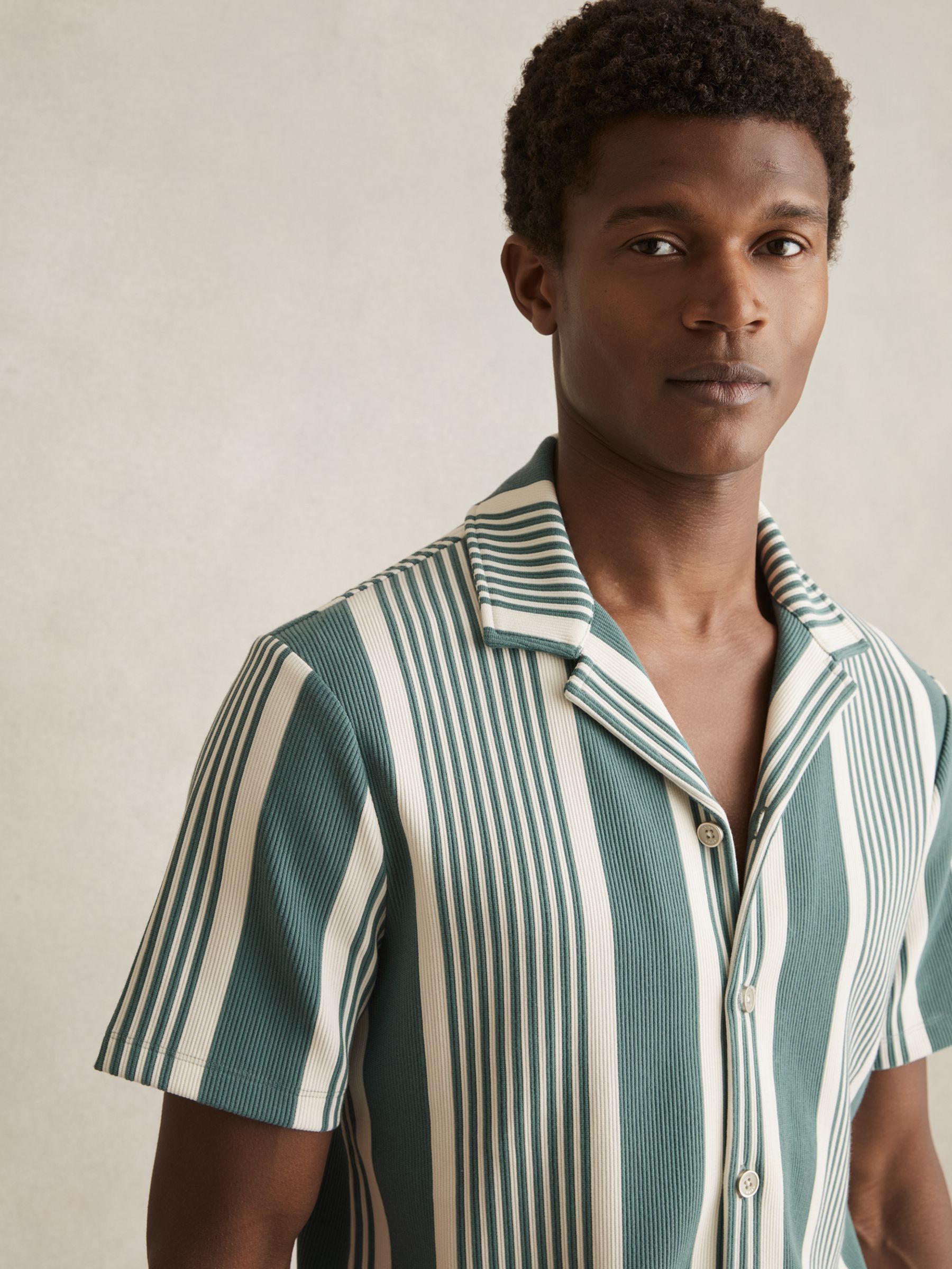Reiss Stripe Ribbed Cuban Collar Shirt in Sage/White - REISS