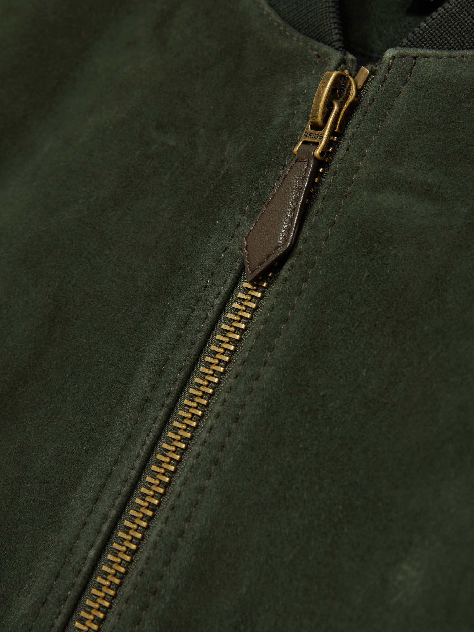 Reiss Suede Zip-Through Bomber Jacket in Antique Dark Forest Green | REISS