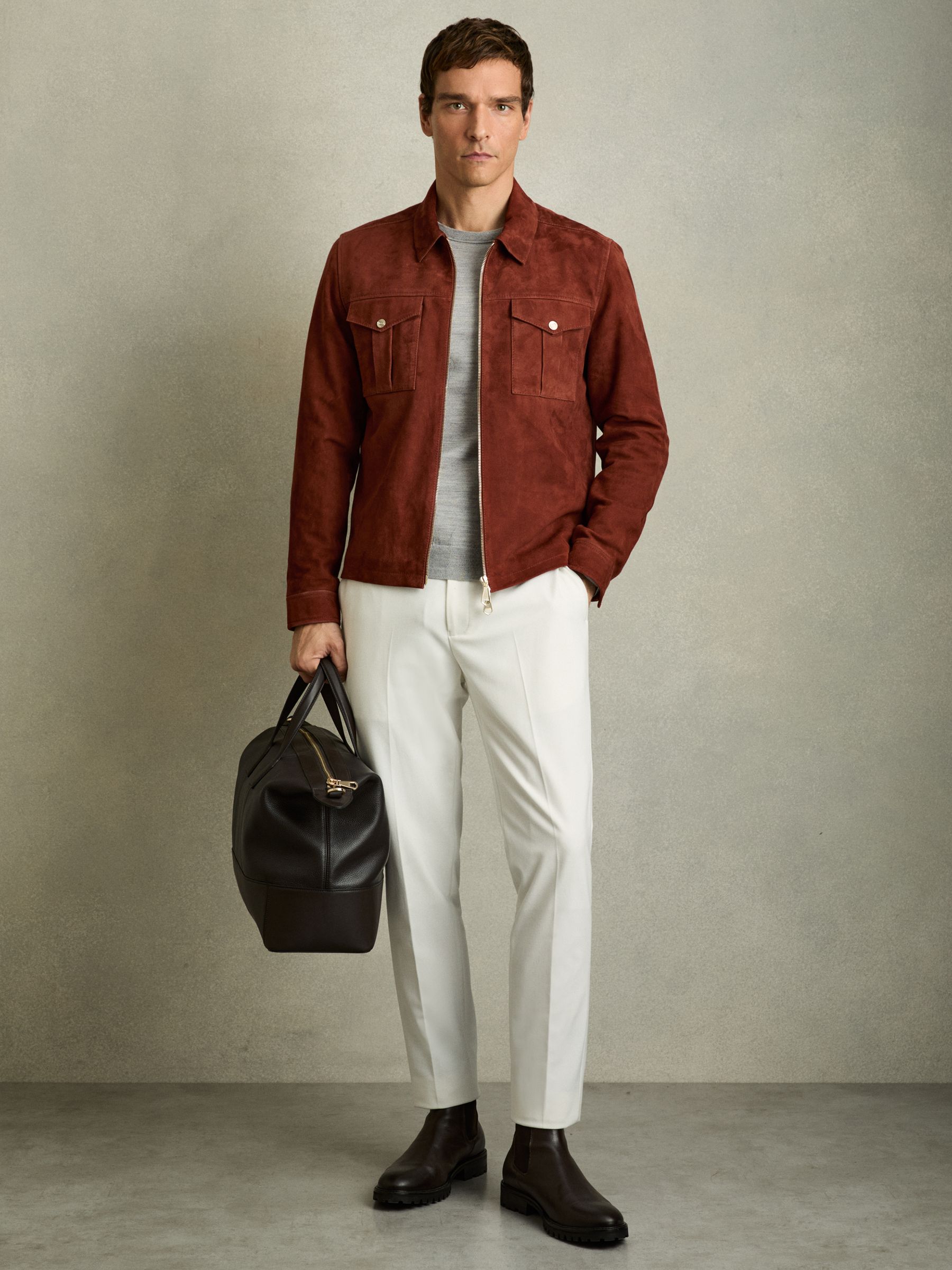 Reiss Suede Zip-Through Jacket in Burnt Red | REISS