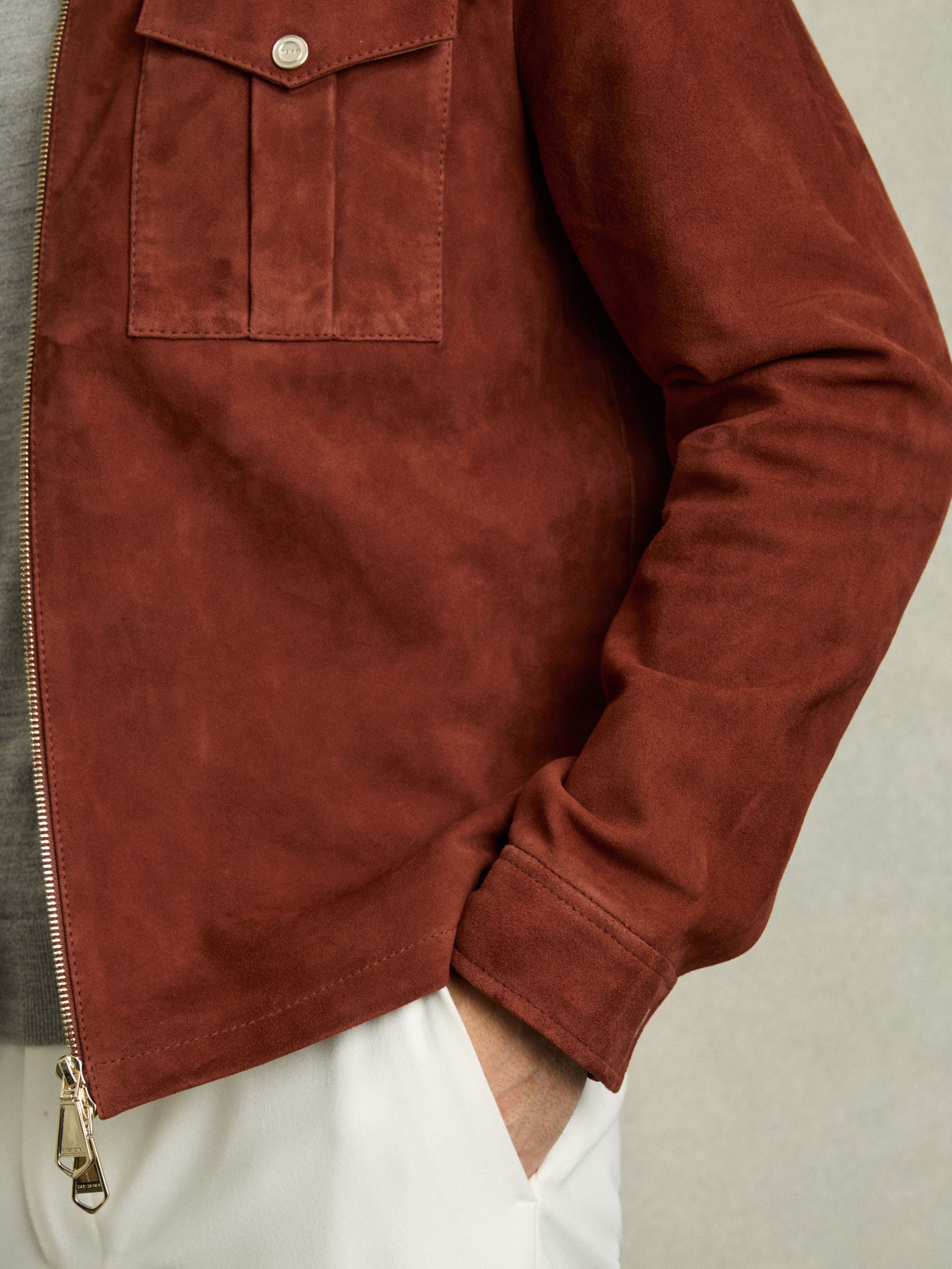 Reiss Suede Zip-Through Jacket in Burnt Red | REISS
