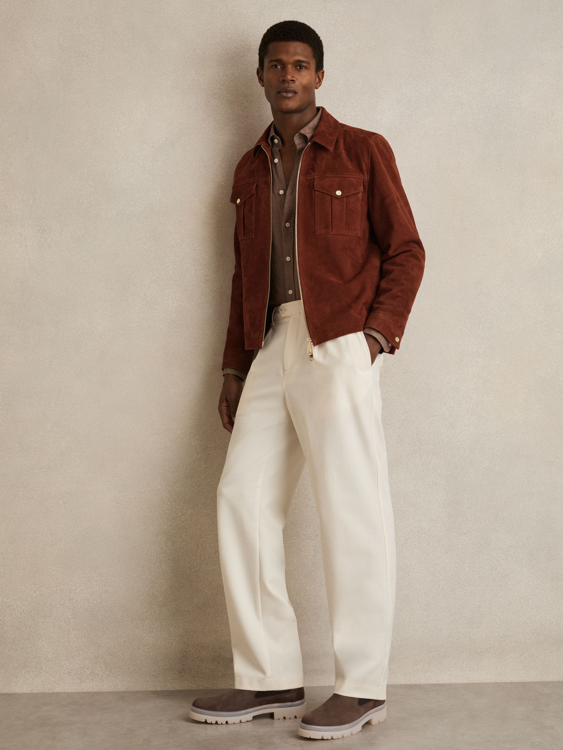 Reiss Suede Zip-Through Jacket in Burnt Red | REISS