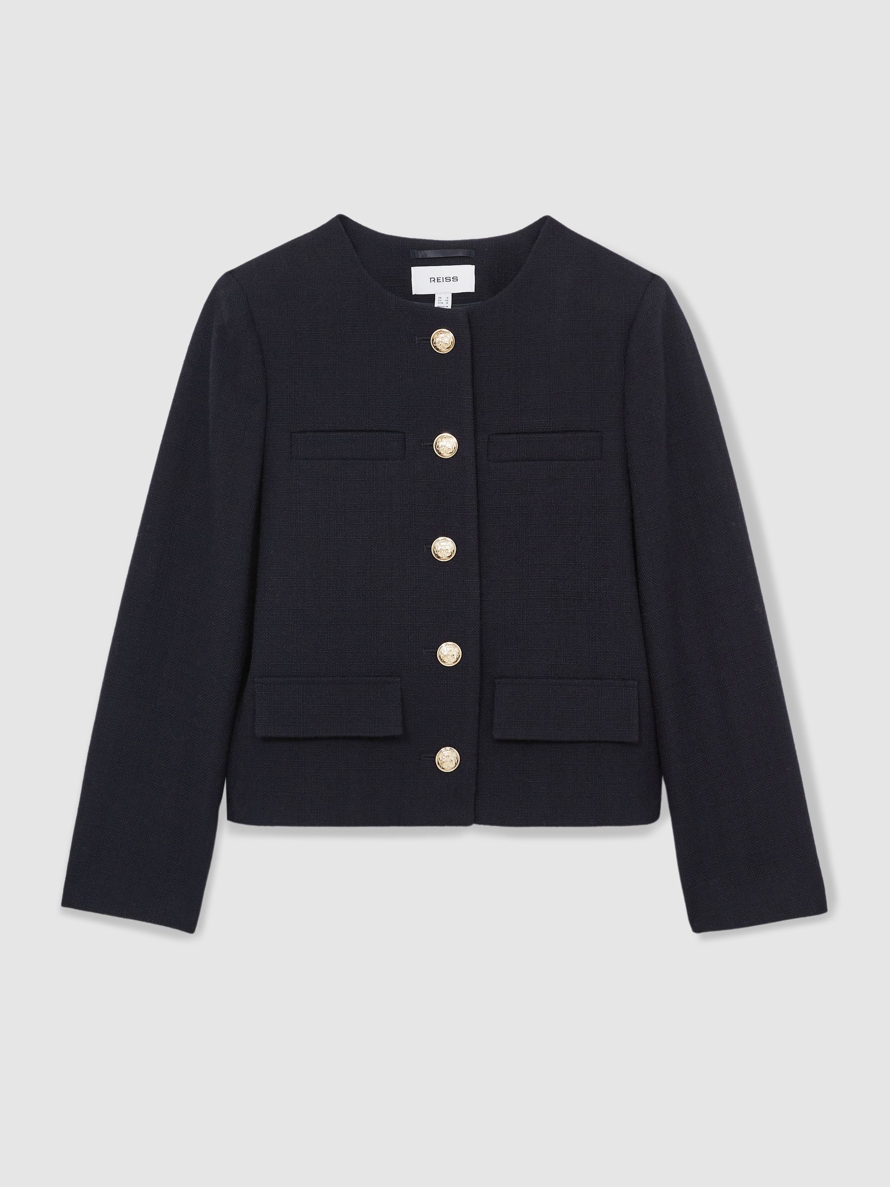 Reiss Cropped Wool Single Breasted Jacket in Navy - REISS