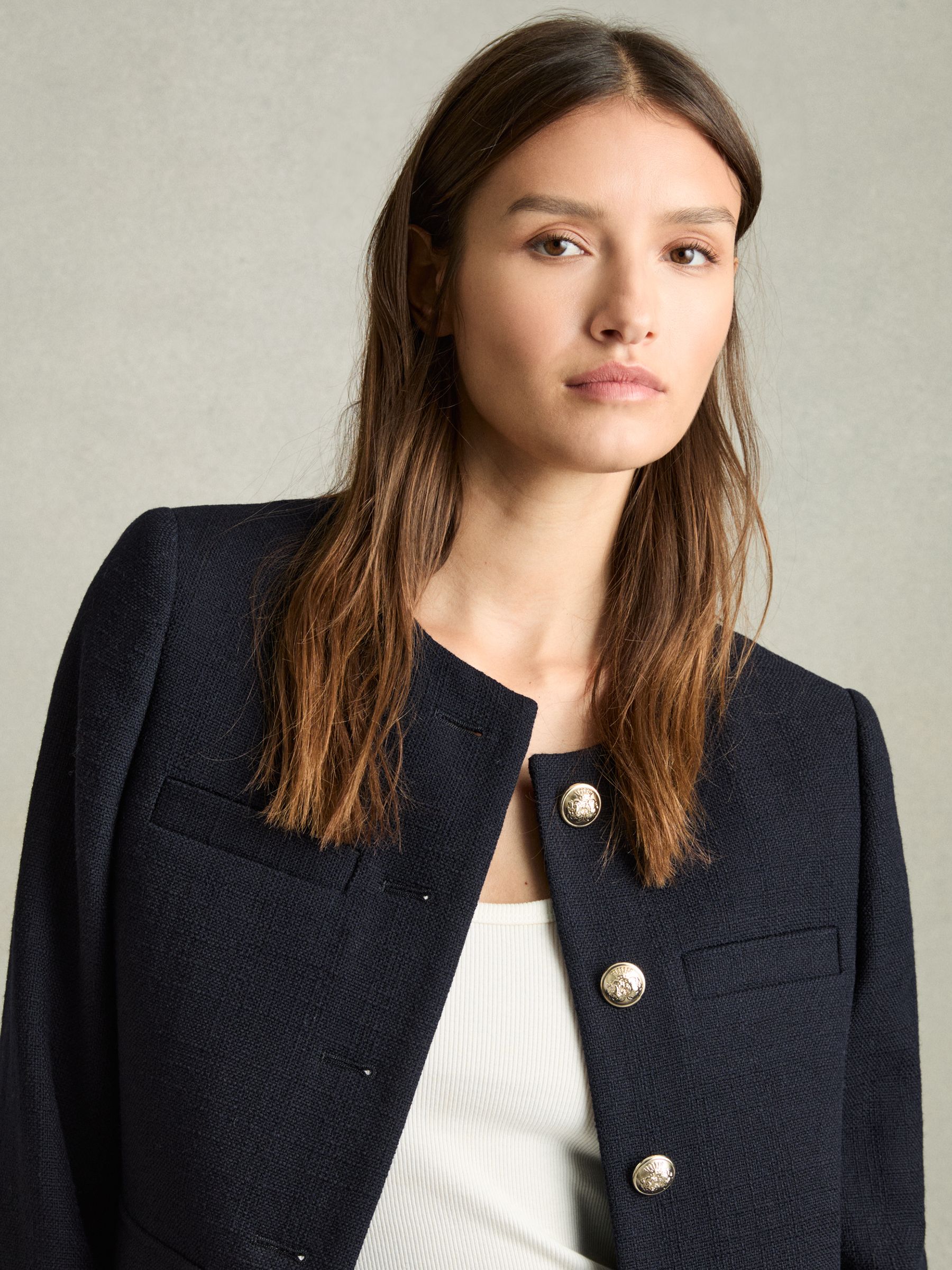 Reiss Cropped Wool Single Breasted Jacket in Navy - REISS