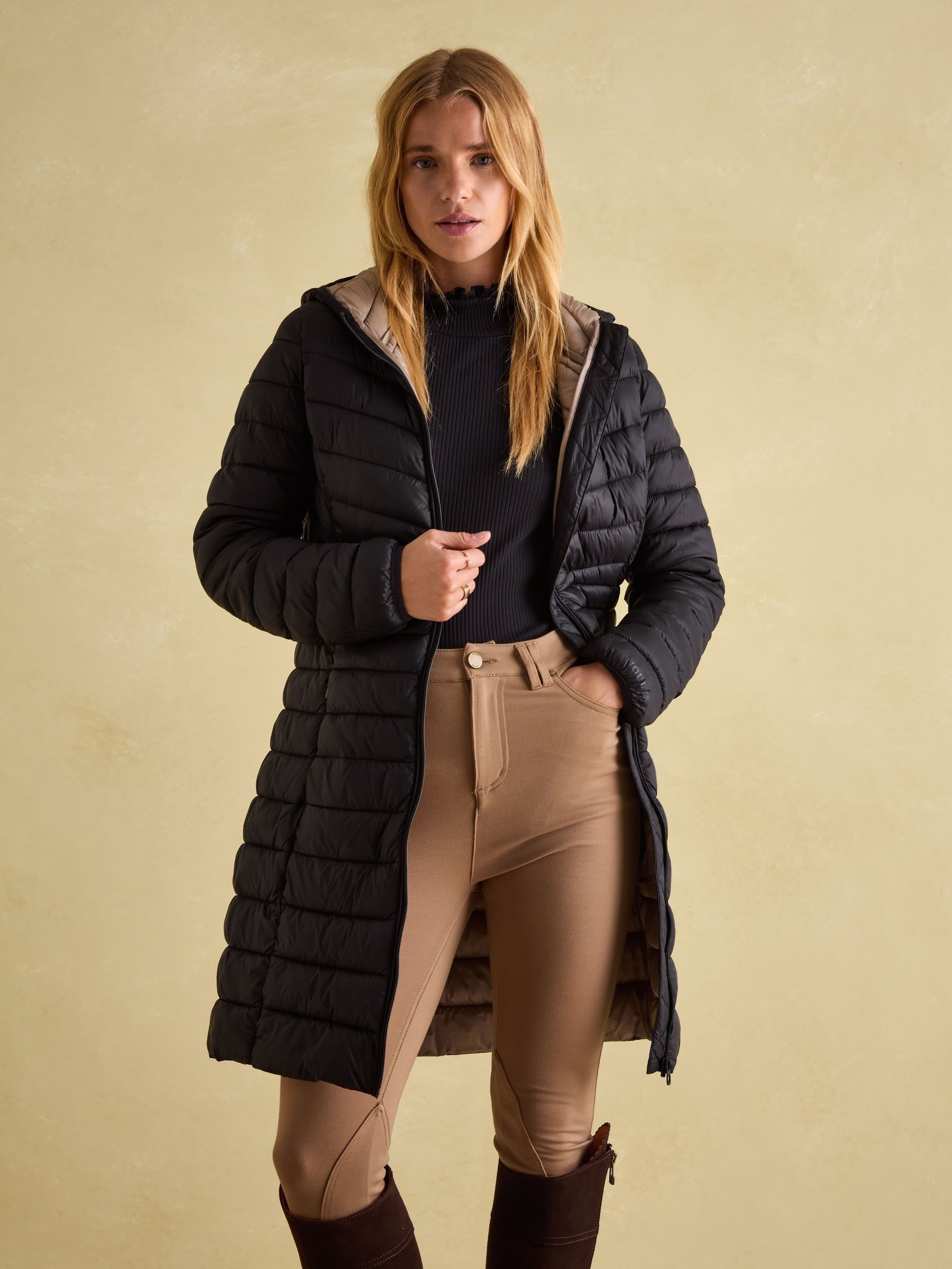 Kenley Black Showerproof Long Padded Coat with Hood | Joules