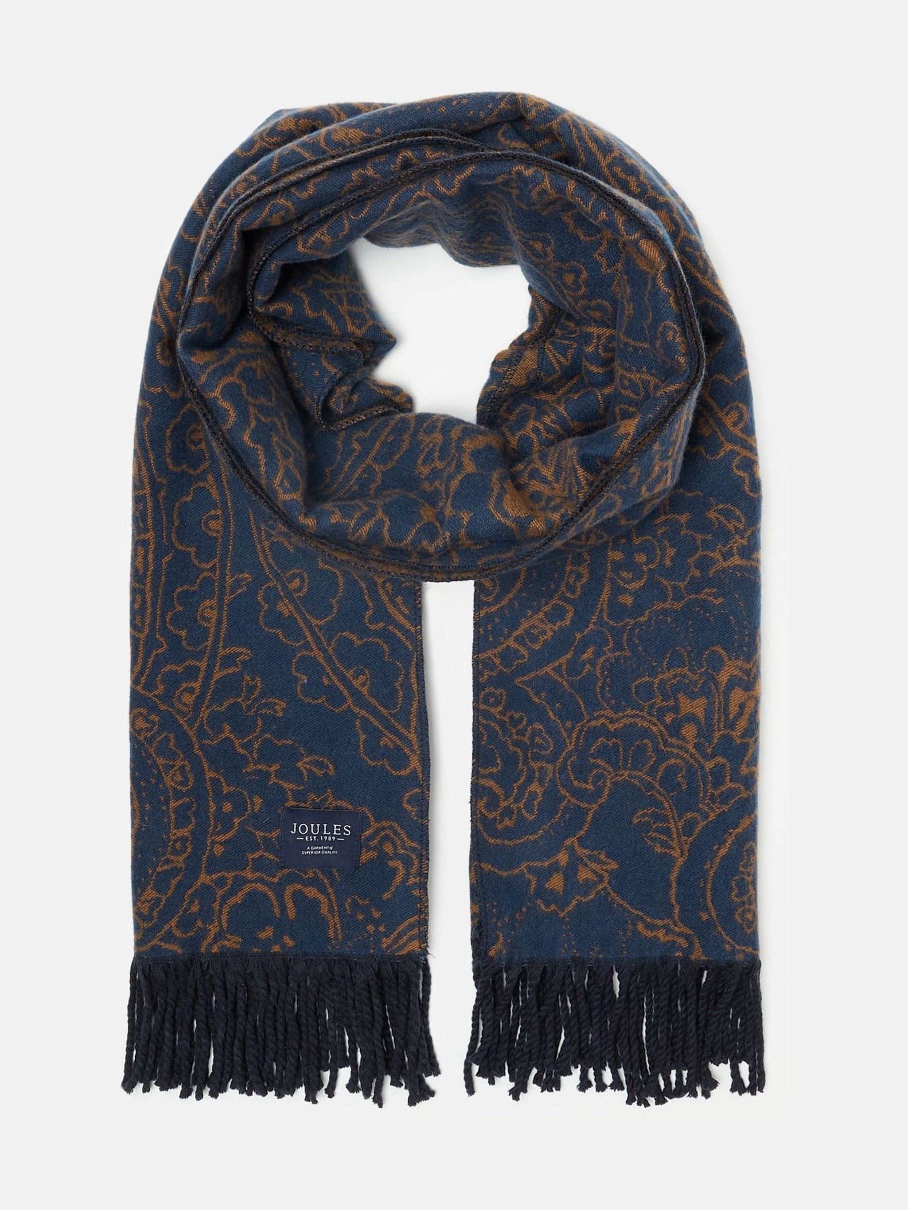 Elissa Navy & Camel Double-Sided Jacquard Scarf | Joules