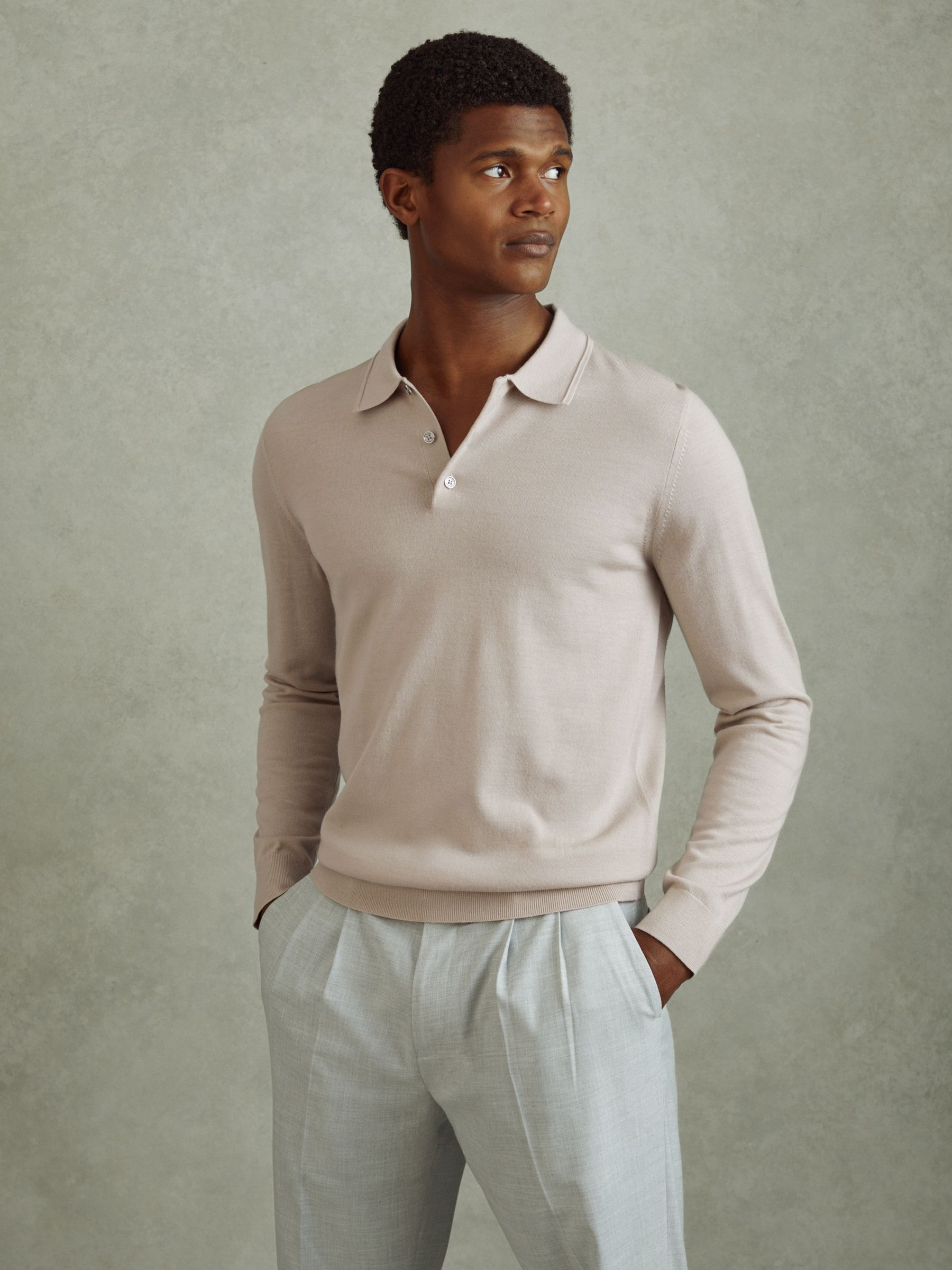 Reiss Wool Polo Shirt in Washed Stone - REISS