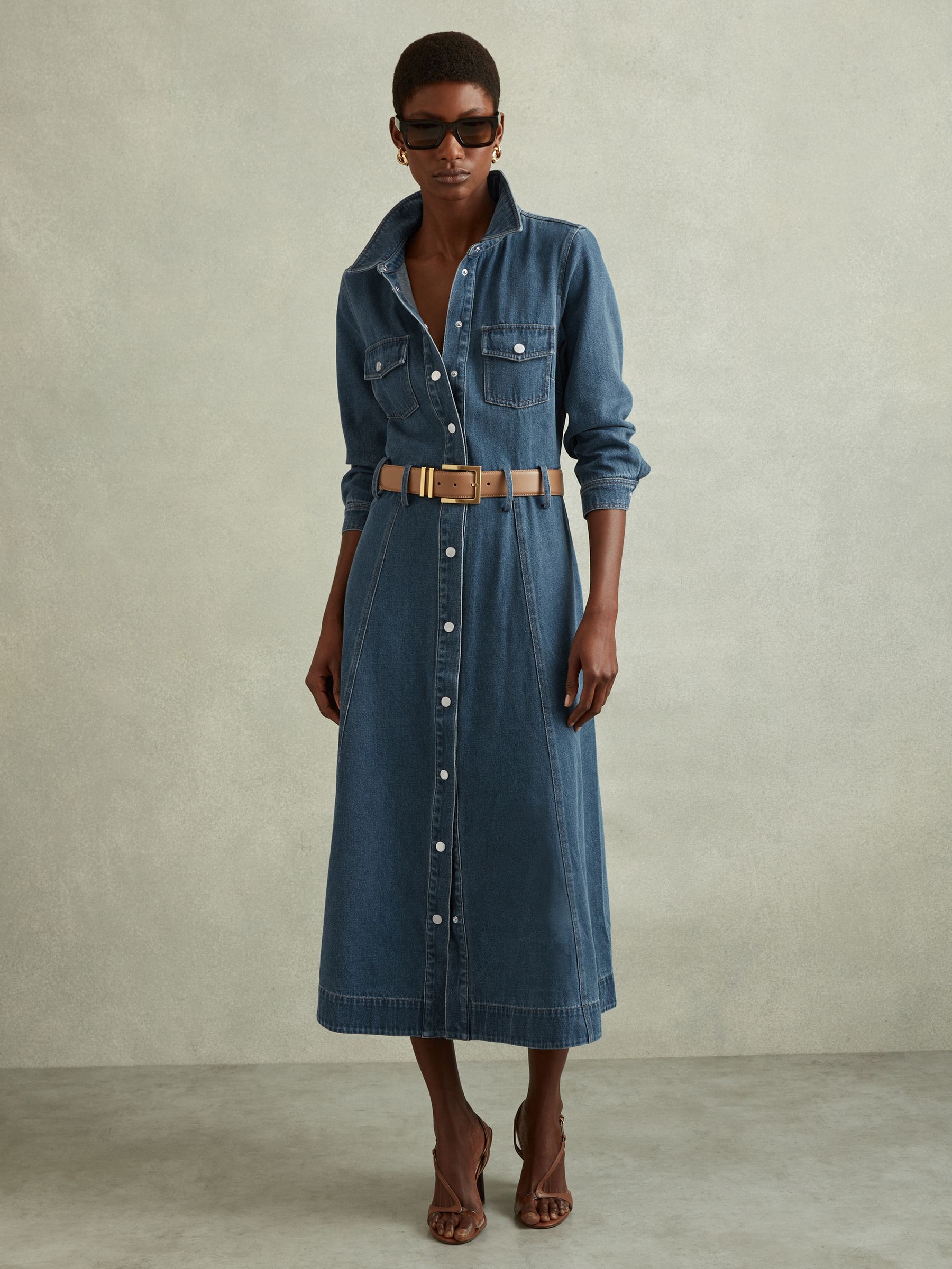 Reiss Belted Denim Midi Dress in Indigo - REISS
