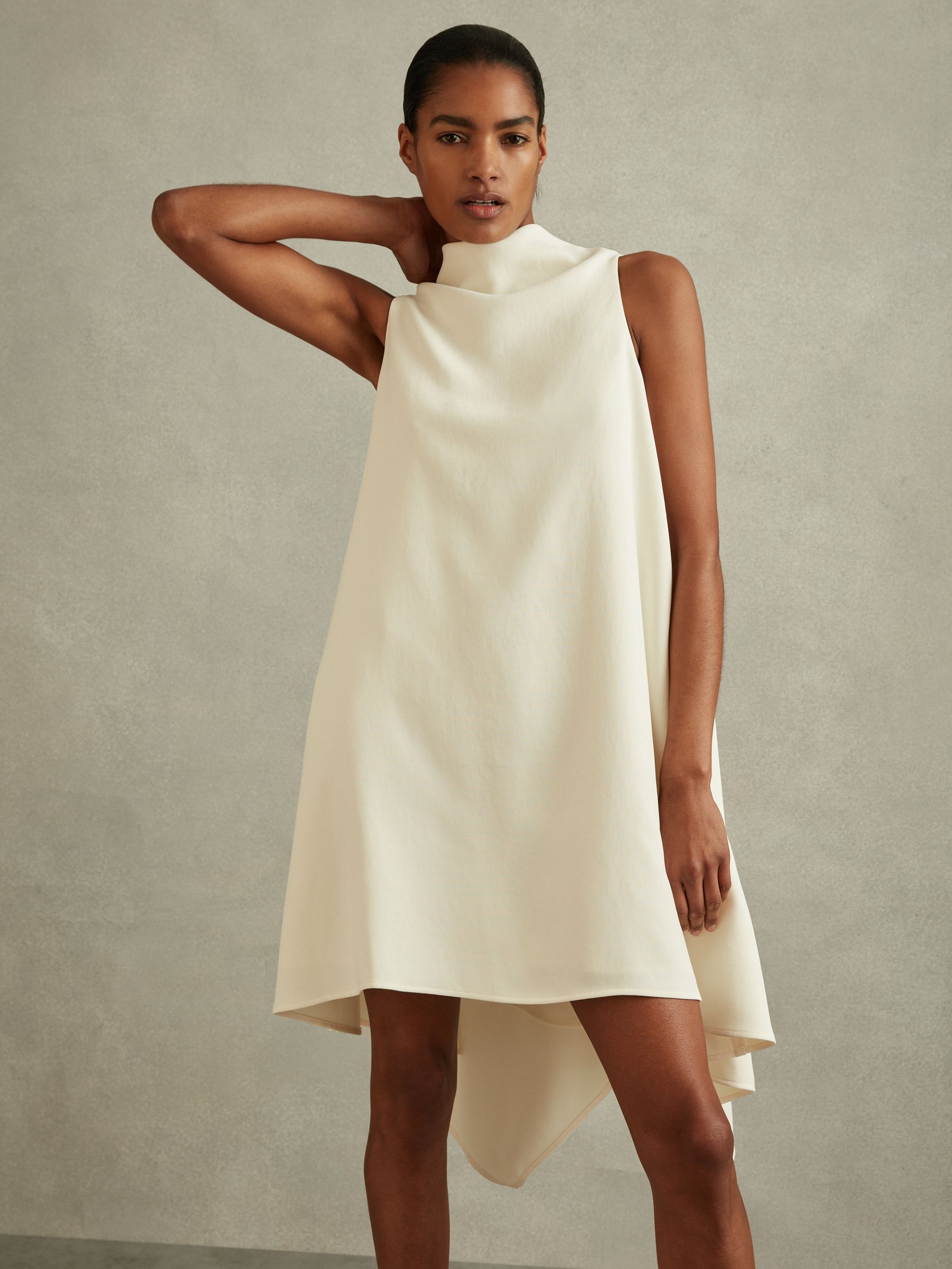 Reiss High-Neck Drape Back Mini Dress in Ivory - REISS
