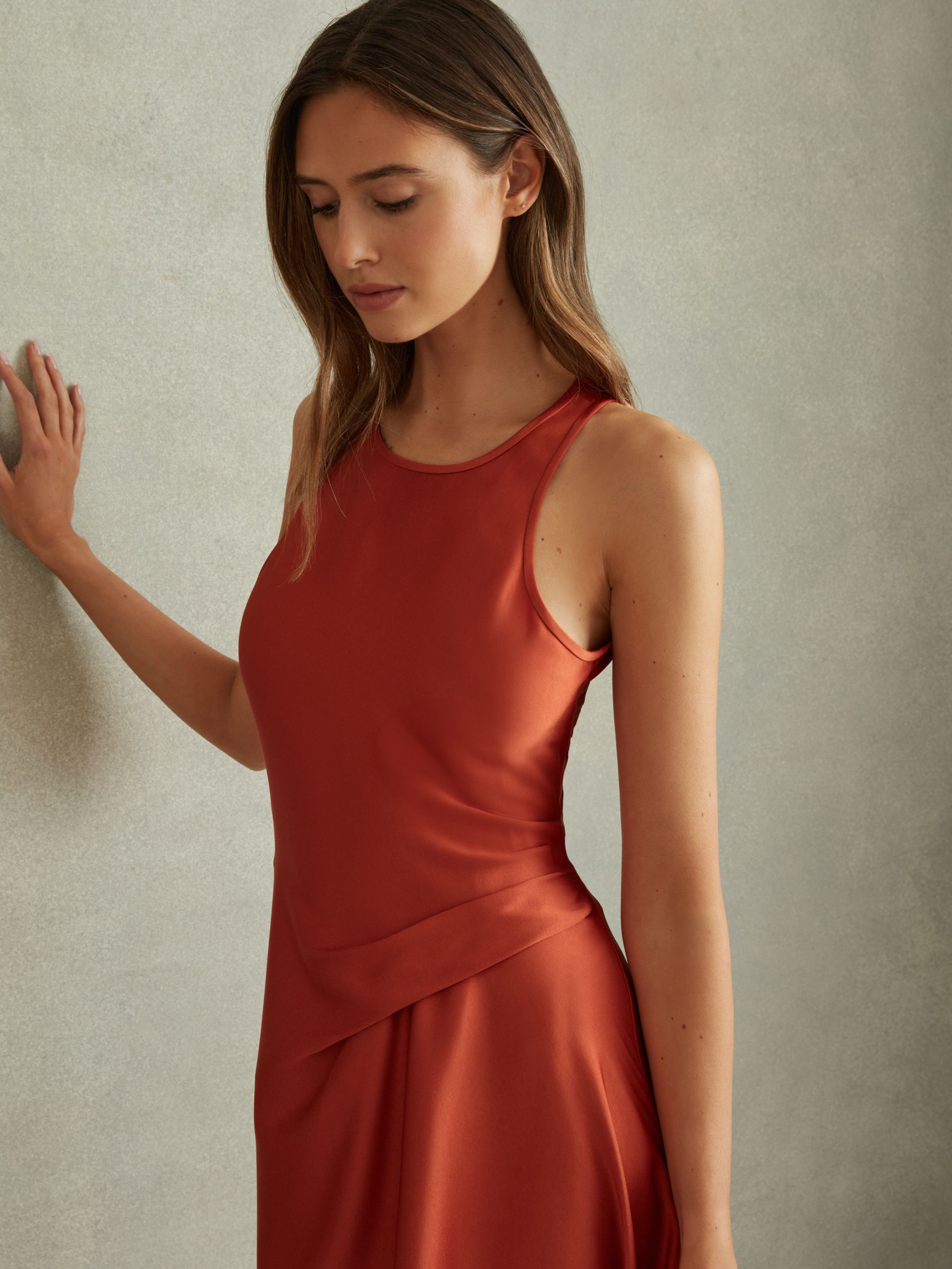 Reiss Satin Drape Tuck Midi Dress in Rust | REISS