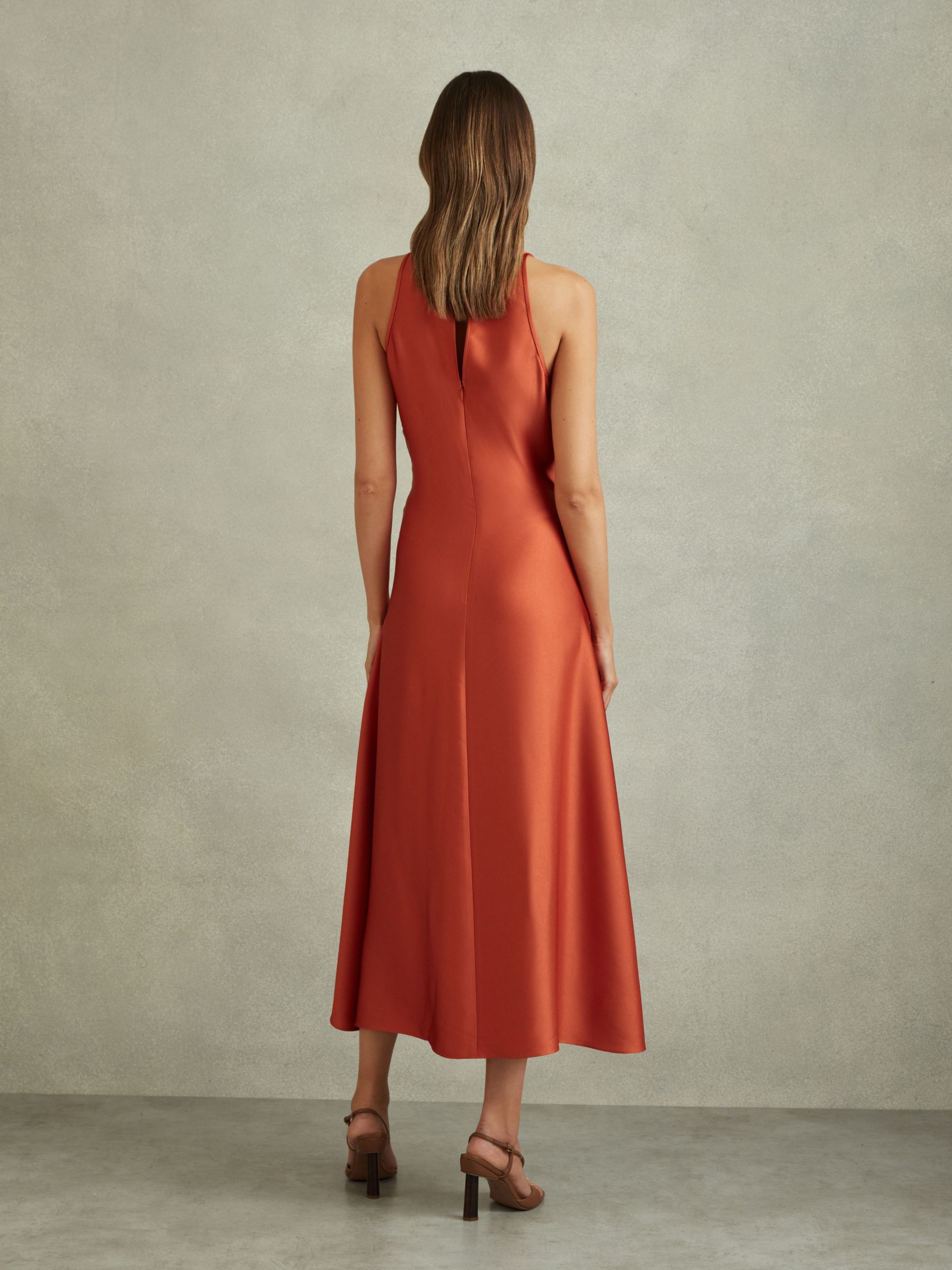 Reiss Satin Drape Tuck Midi Dress in Rust - REISS