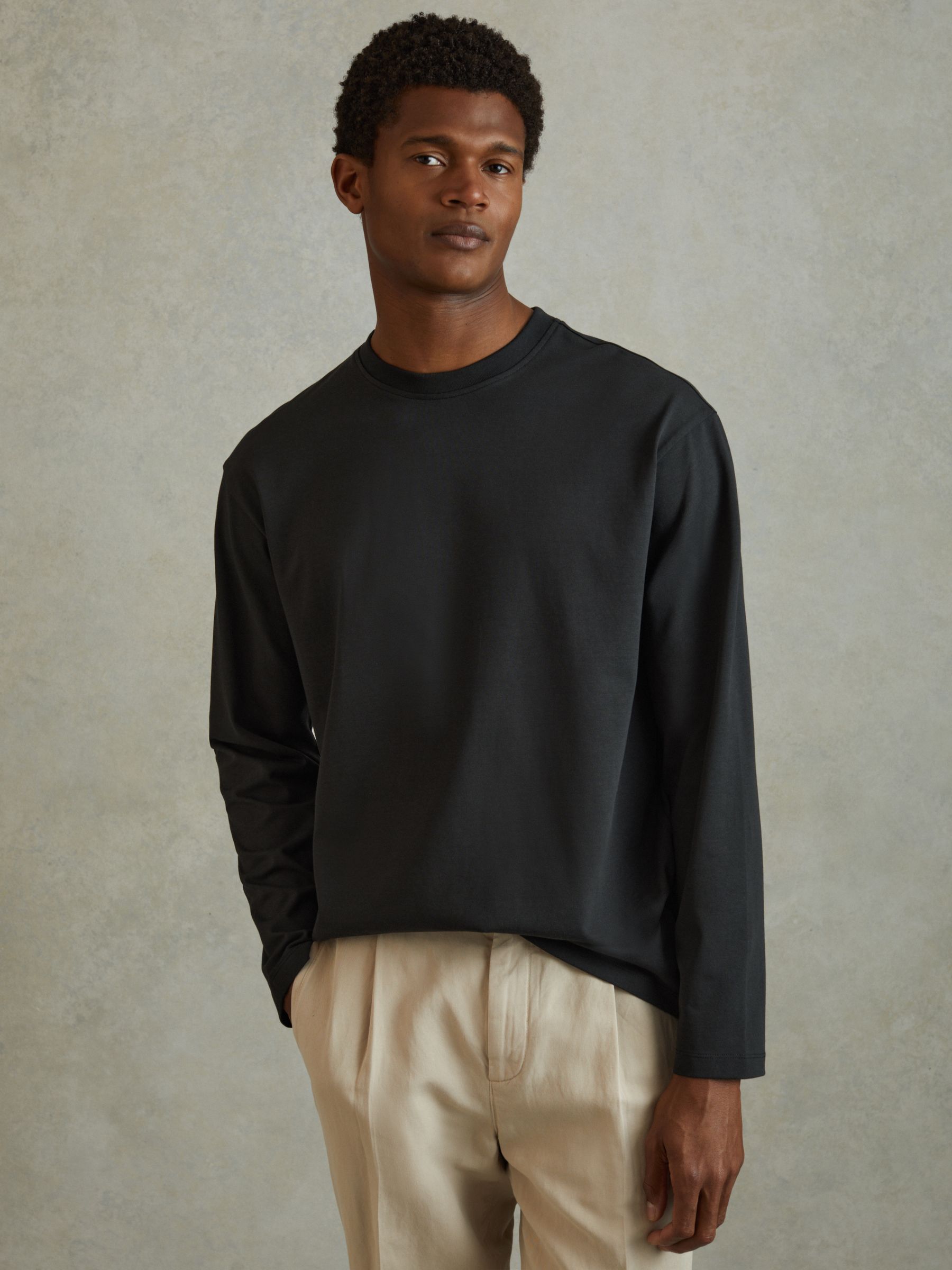 Reiss Cotton Crew Neck Long Sleeve T-Shirt in Washed Black - REISS