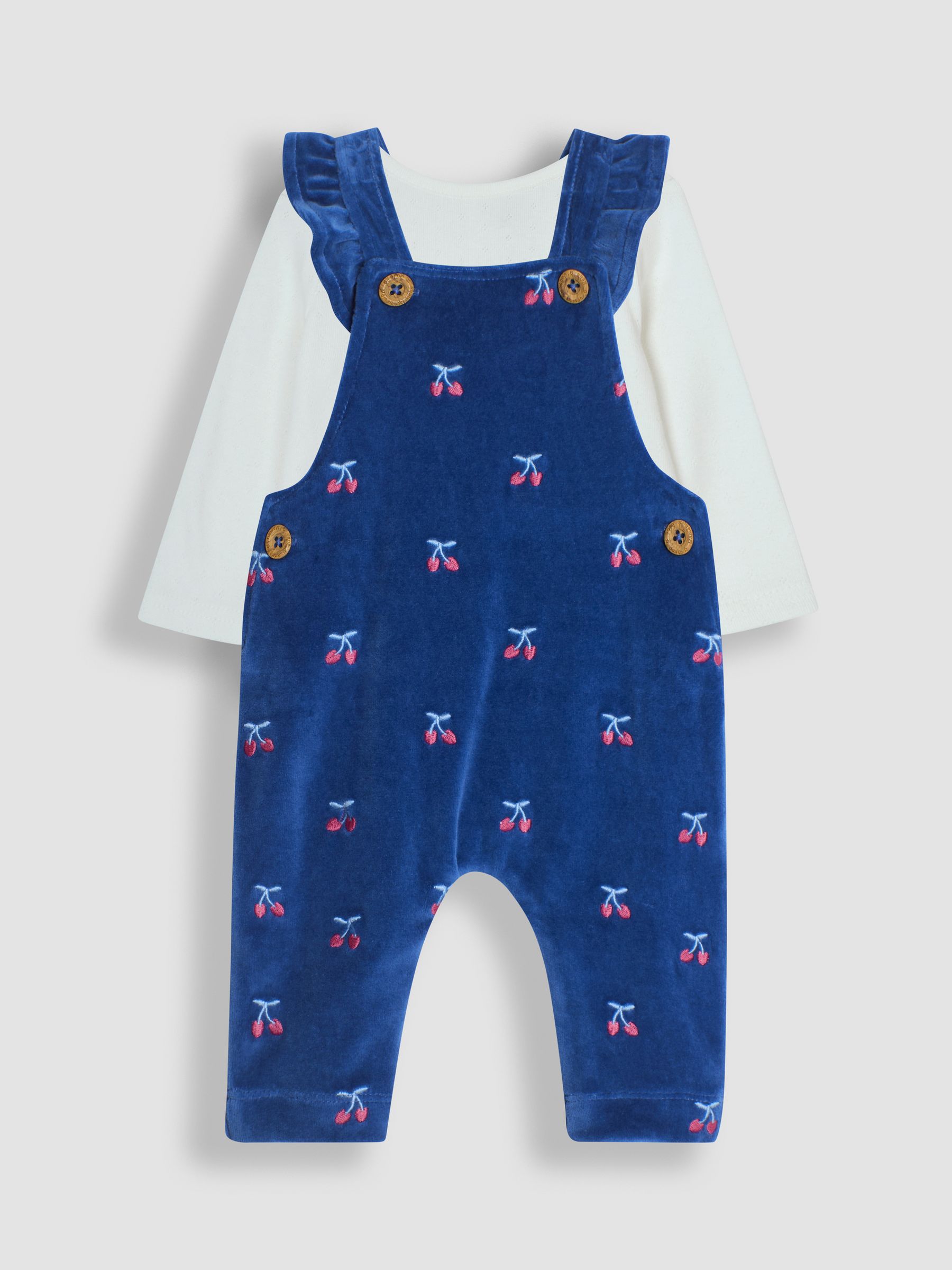 Navy Blue Cherry Embroidered Velour Dungarees and Top Set | JoJo Maman Bébé