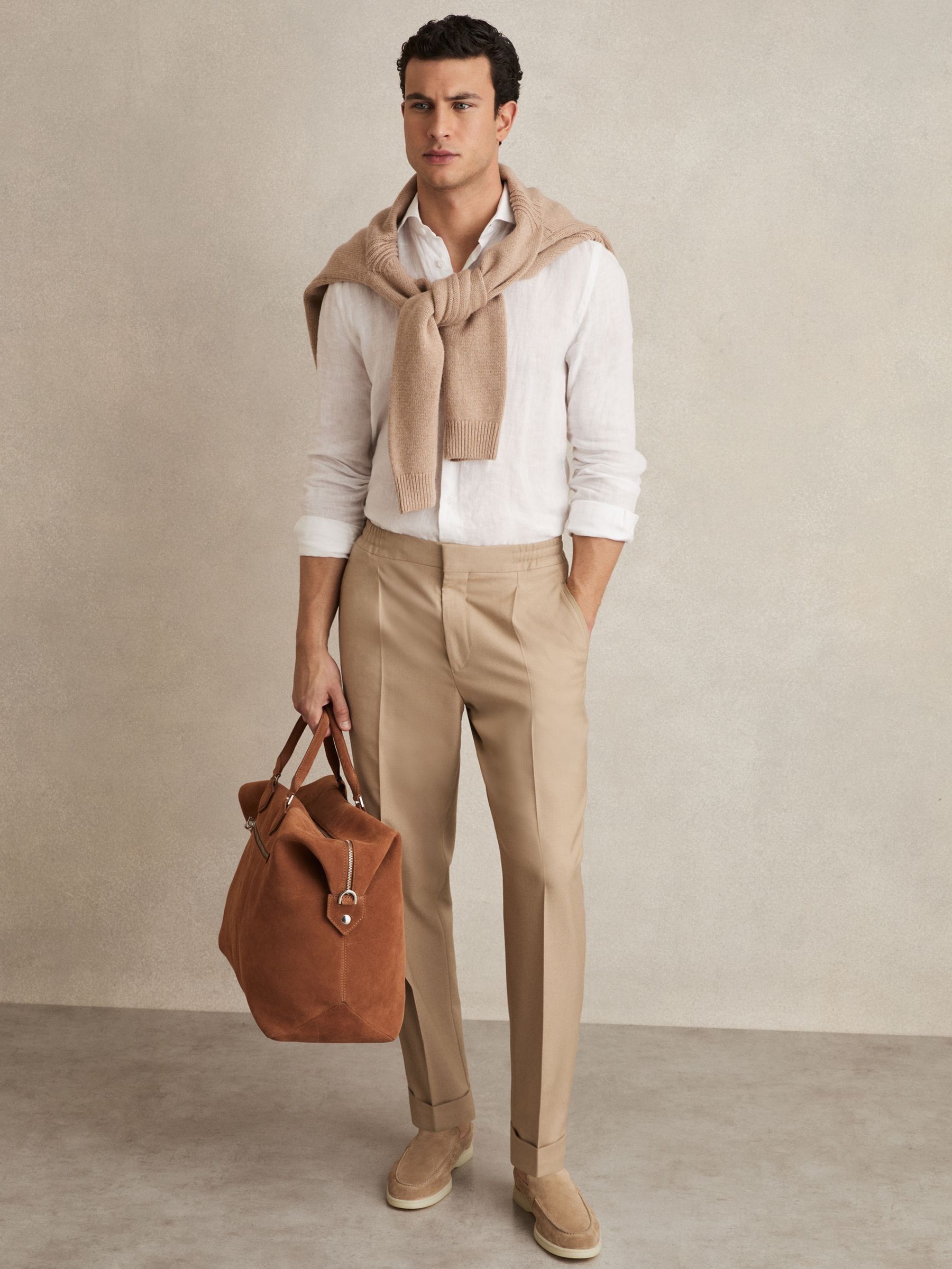 Reiss Relaxed Drawstring Trousers with Turn-Ups in Soft Camel Brown | REISS