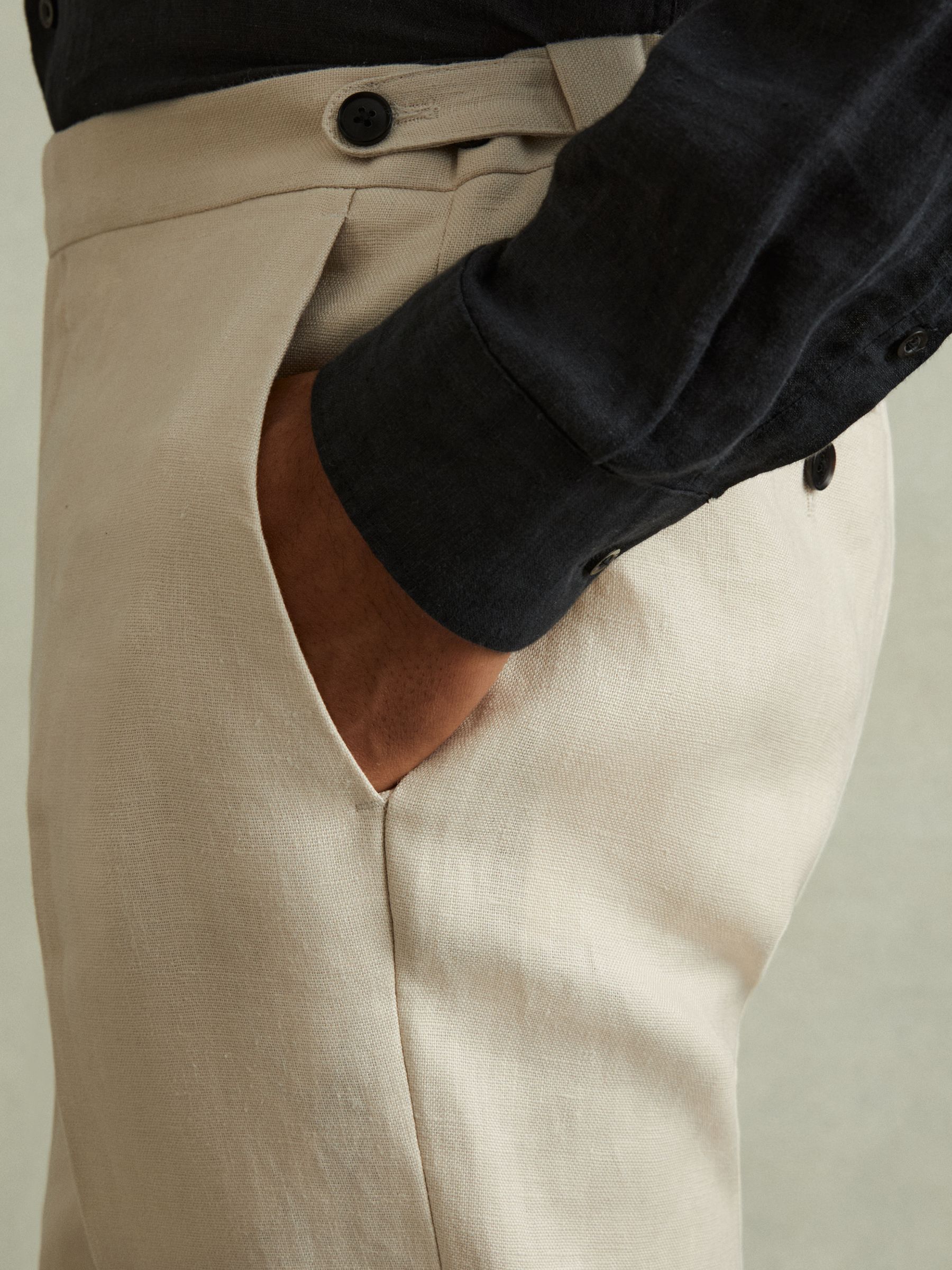 Reiss Linen Side Adjuster Trousers in Oatmeal - REISS