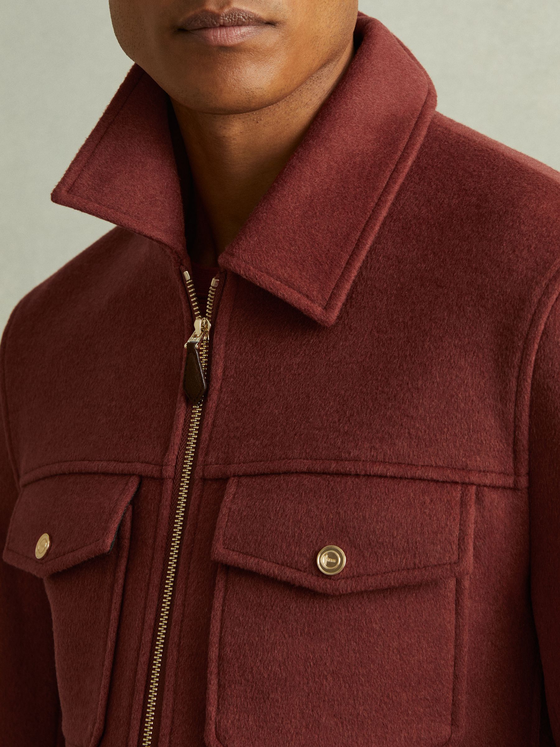 Reiss Zip-Through Trucker Jacket with Wool in Rust Red - REISS