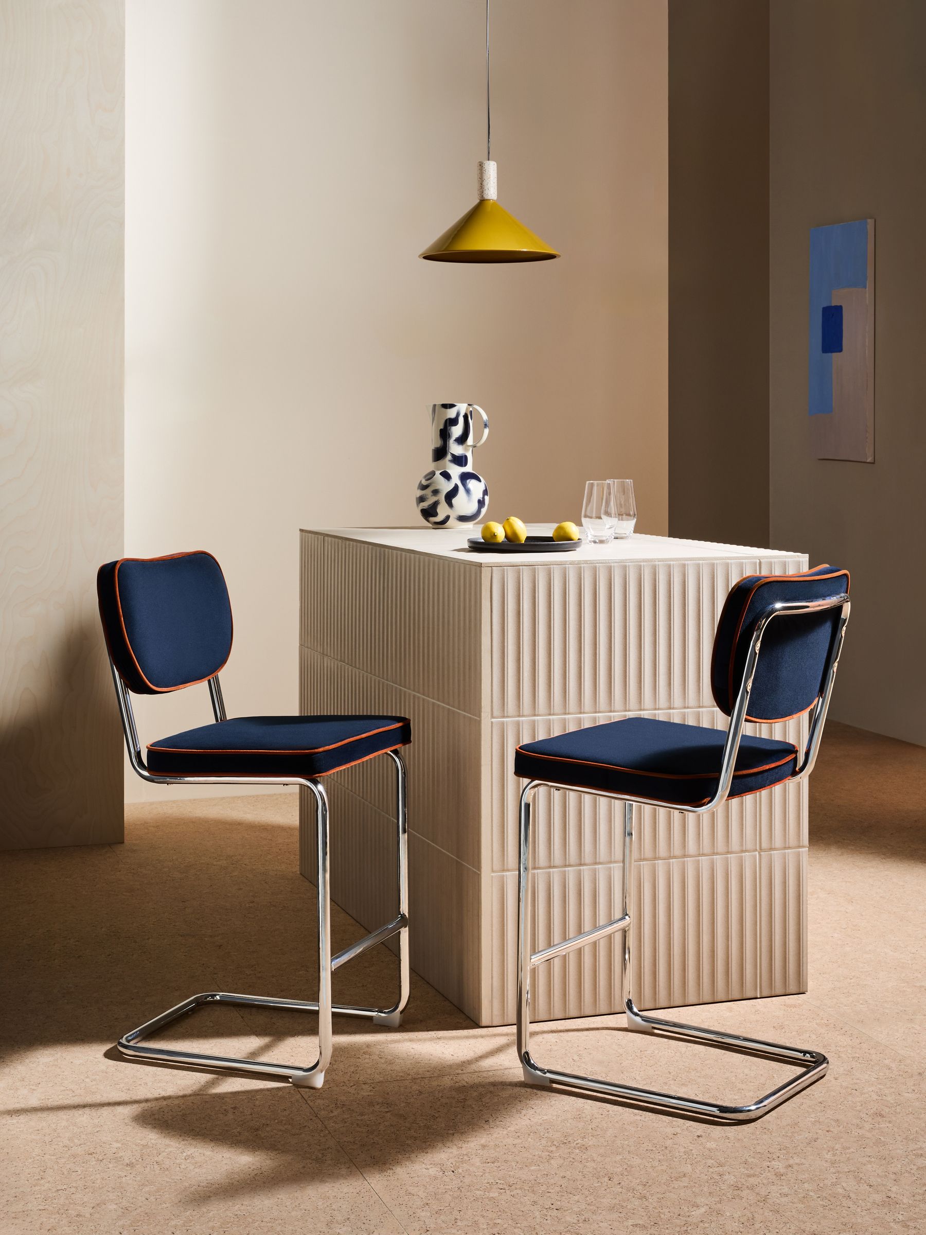 Parker Bar Stool in Velvet in Dark Blue with Cinnamon Piping | Made