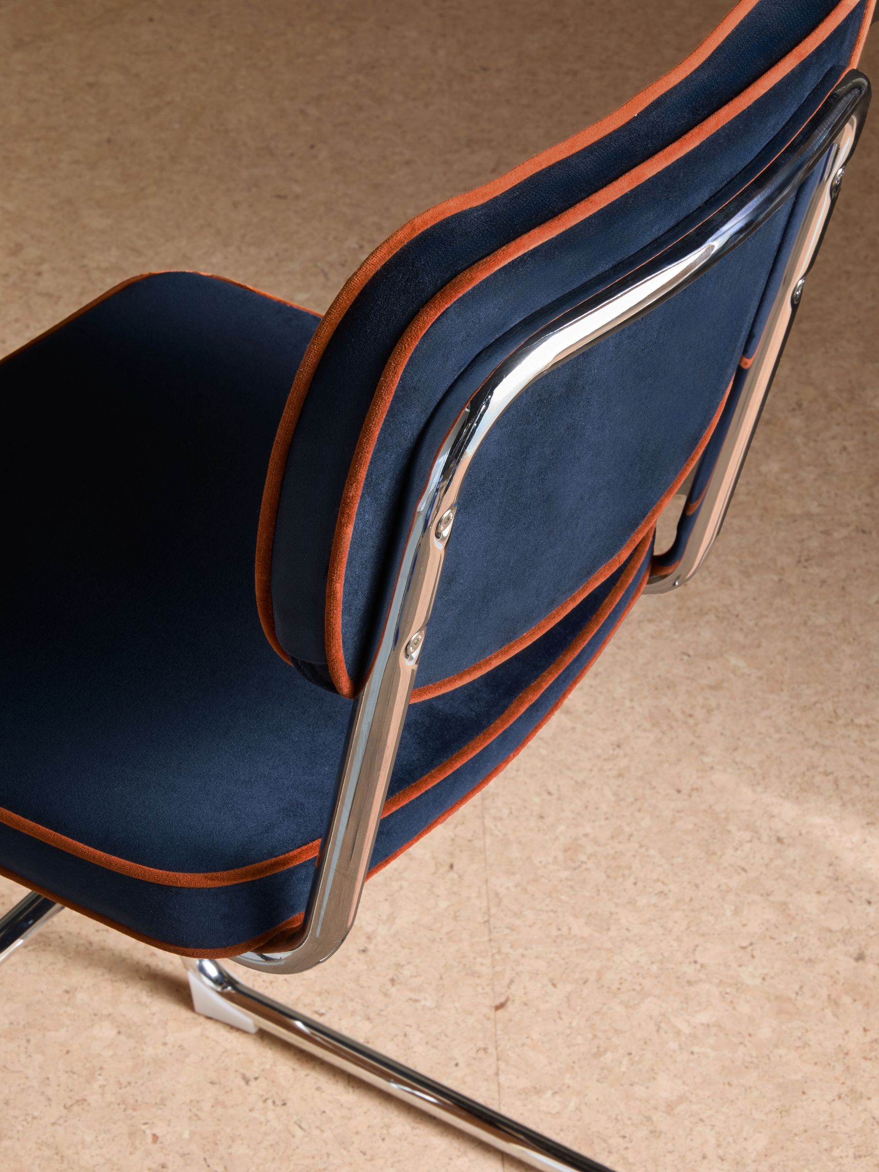 Parker Bar Stool in Velvet in Dark Blue with Cinnamon Piping | Made