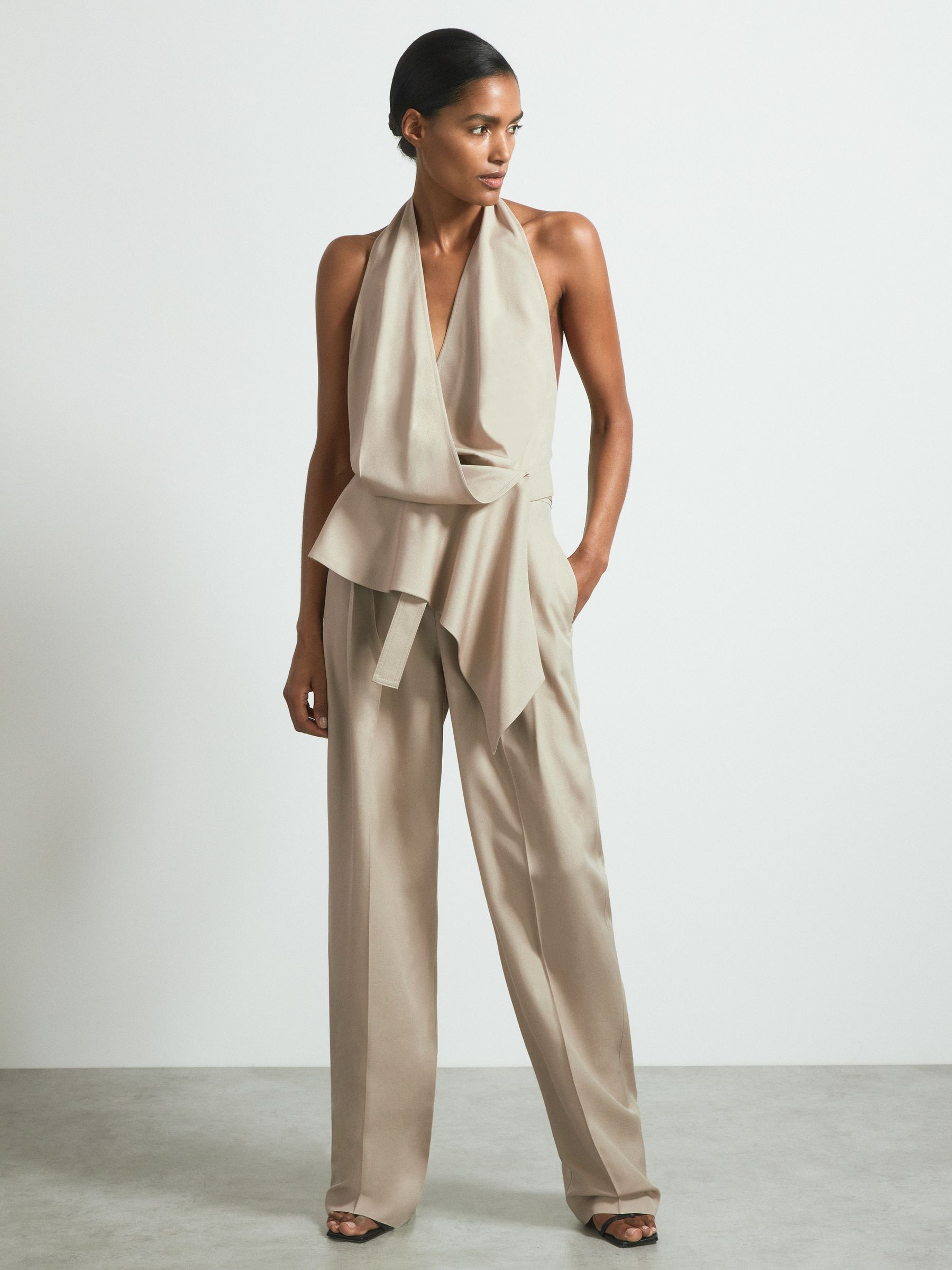 Reiss Atelier Halter Neck Draped Top in Neutral - REISS