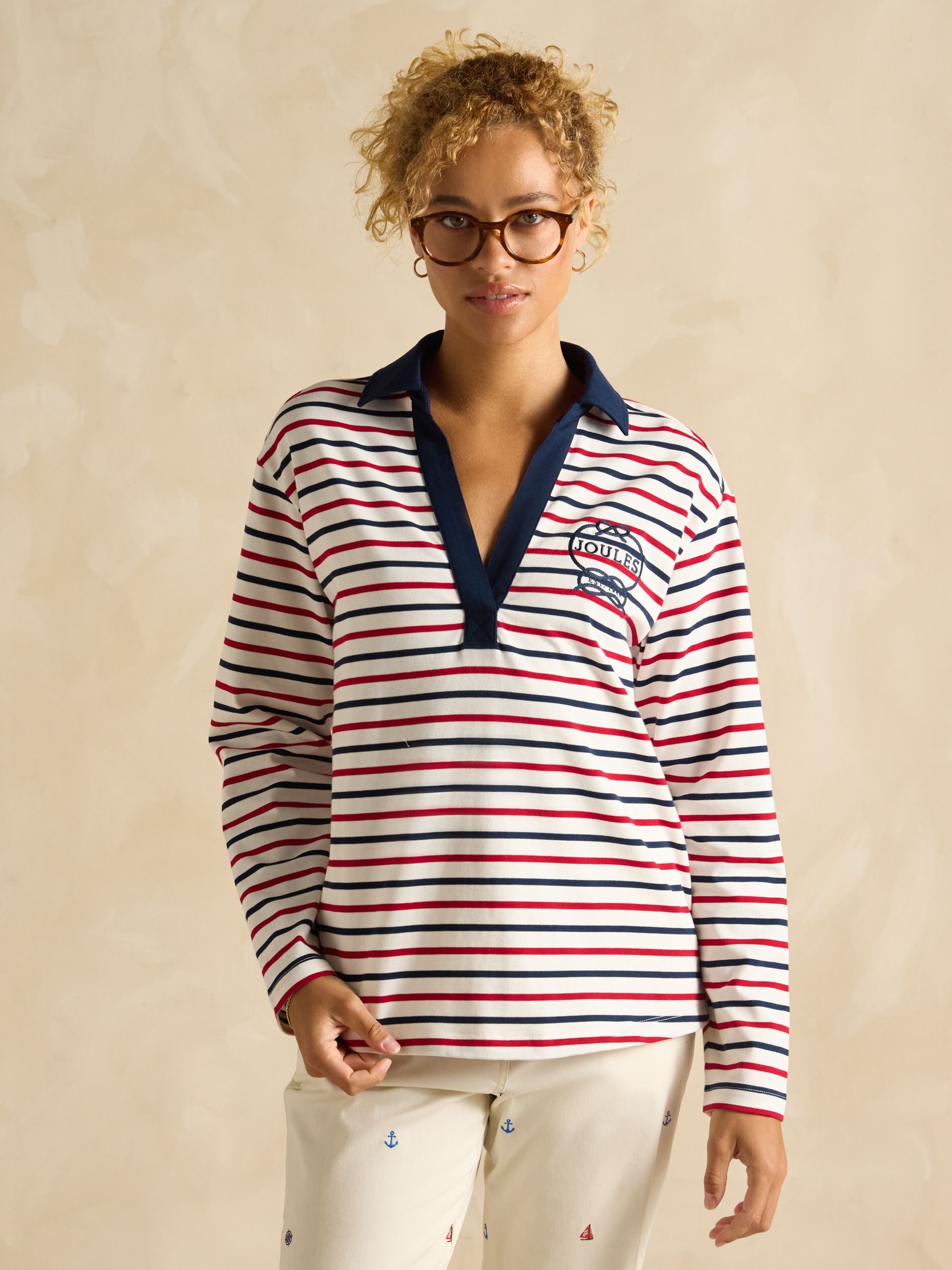 Tallie Navy & Red Stripe Long Sleeve Combed Cotton Collared Top | Joules