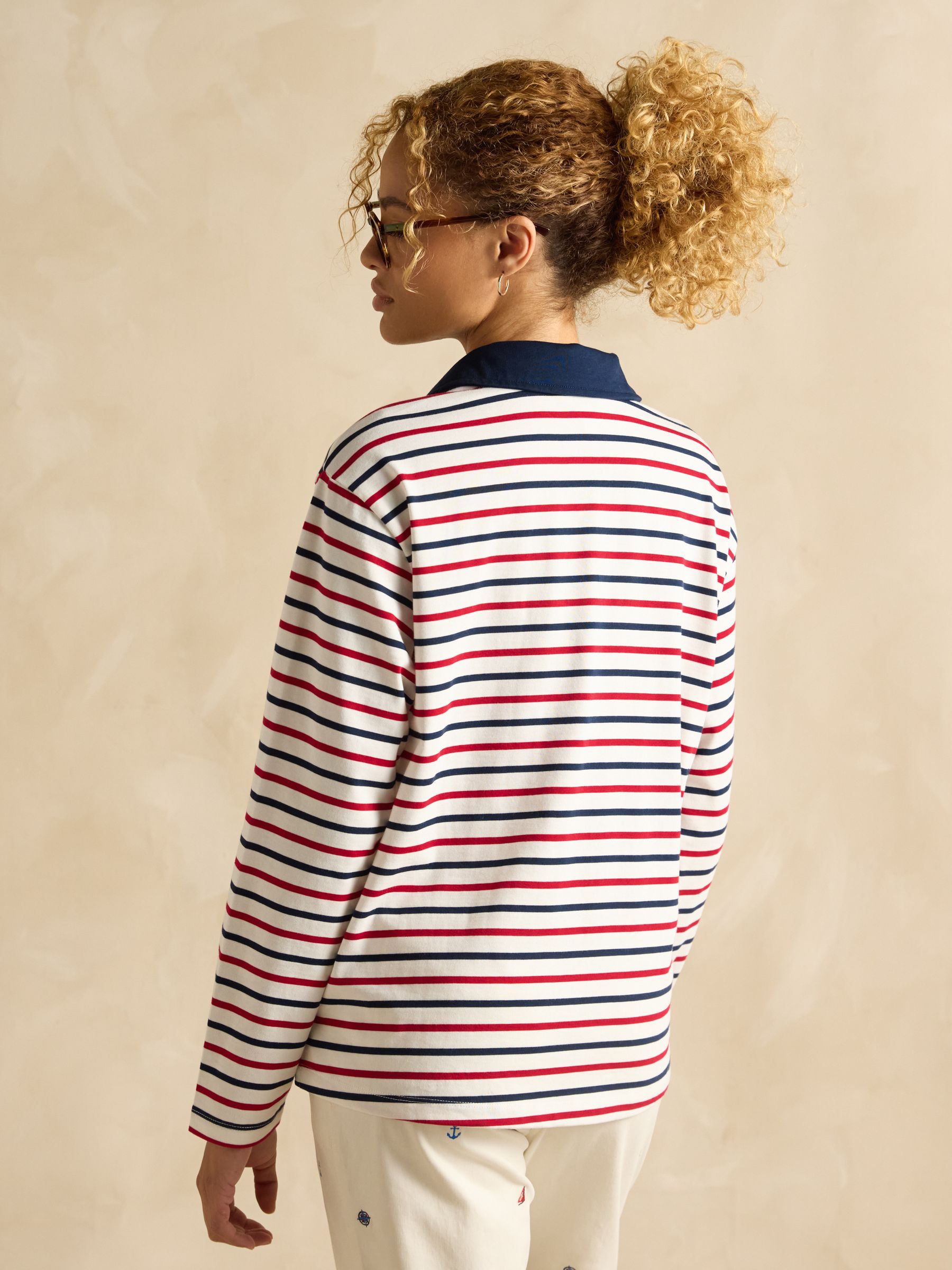 Tallie Navy & Red Stripe Long Sleeve Combed Cotton Collared Top | Joules