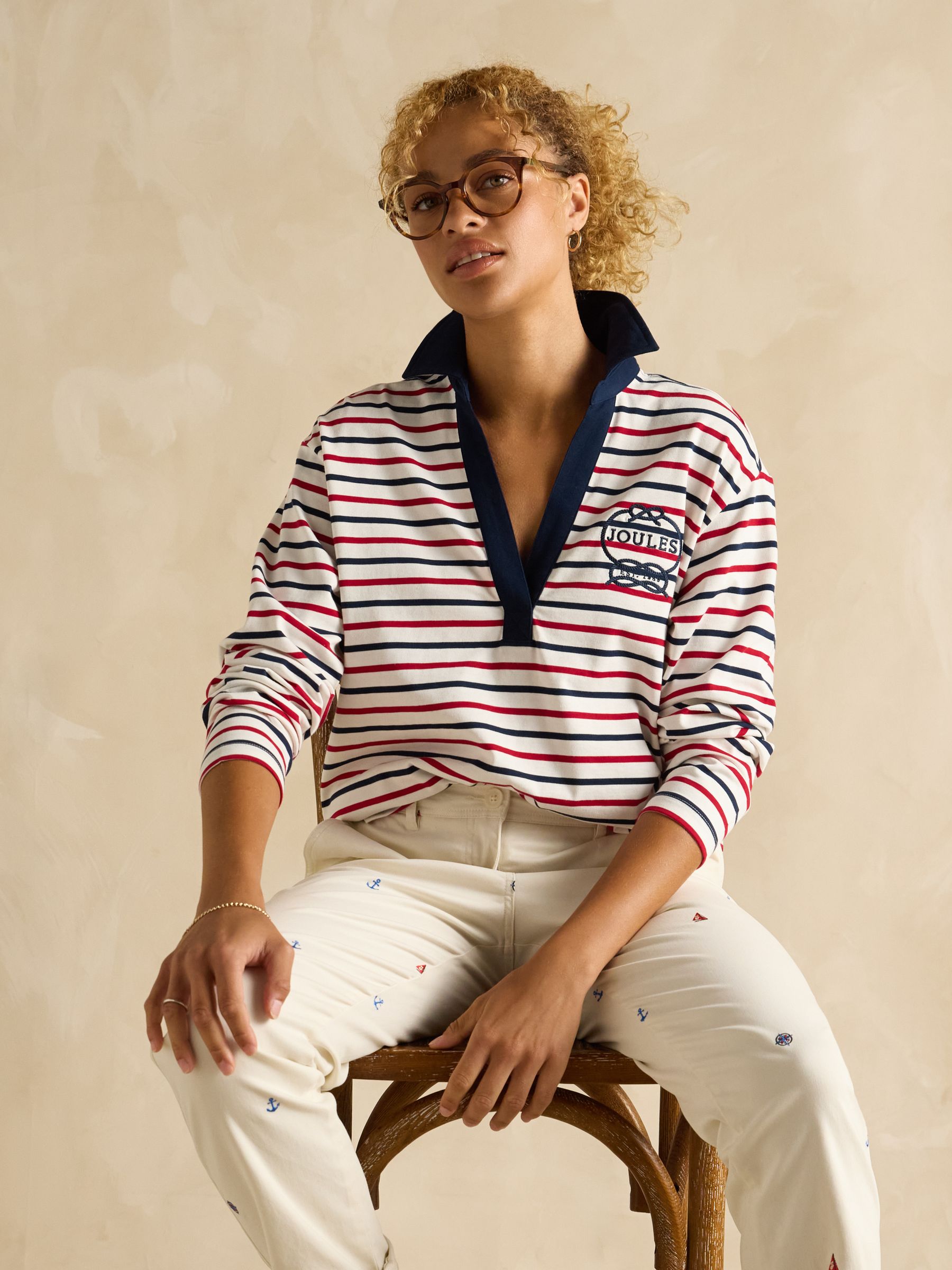 Tallie Navy & Red Stripe Long Sleeve Combed Cotton Collared Top | Joules