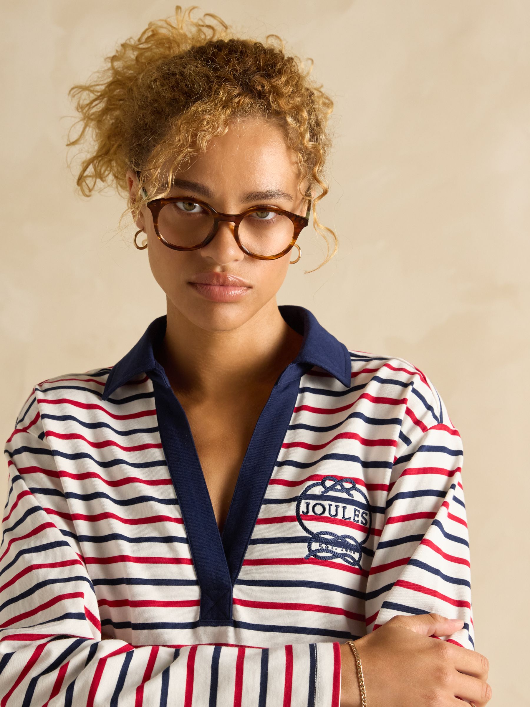 Tallie Navy & Red Stripe Long Sleeve Combed Cotton Collared Top | Joules