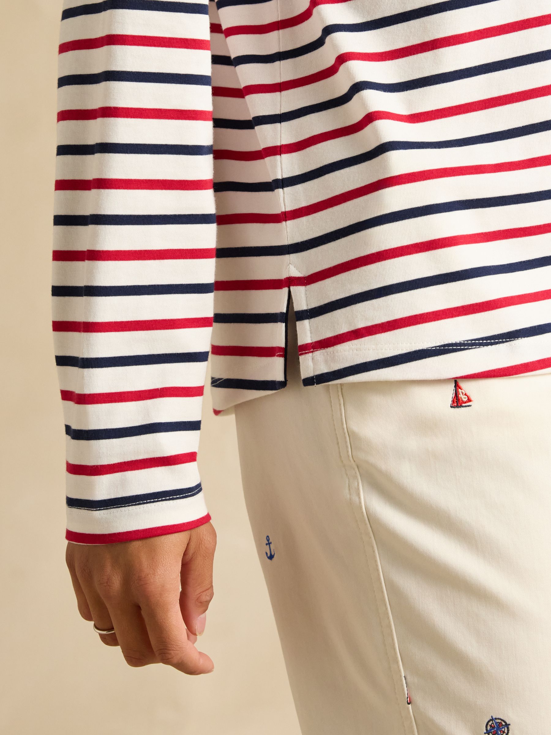 Tallie Navy & Red Stripe Long Sleeve Combed Cotton Collared Top | Joules