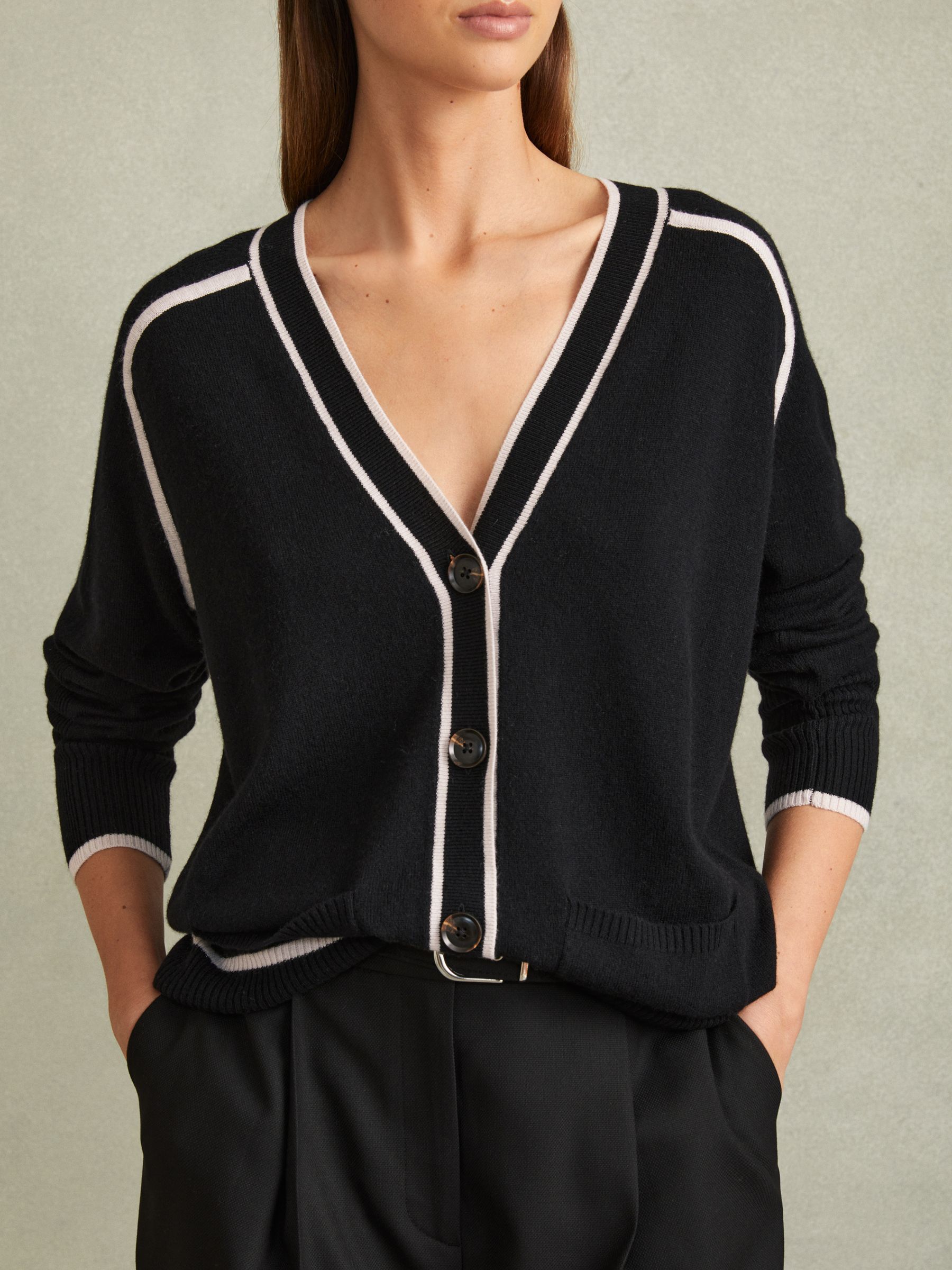 Reiss Wool Blend Contrast Tipped Cardigan with Cashmere in Black/Stone ...